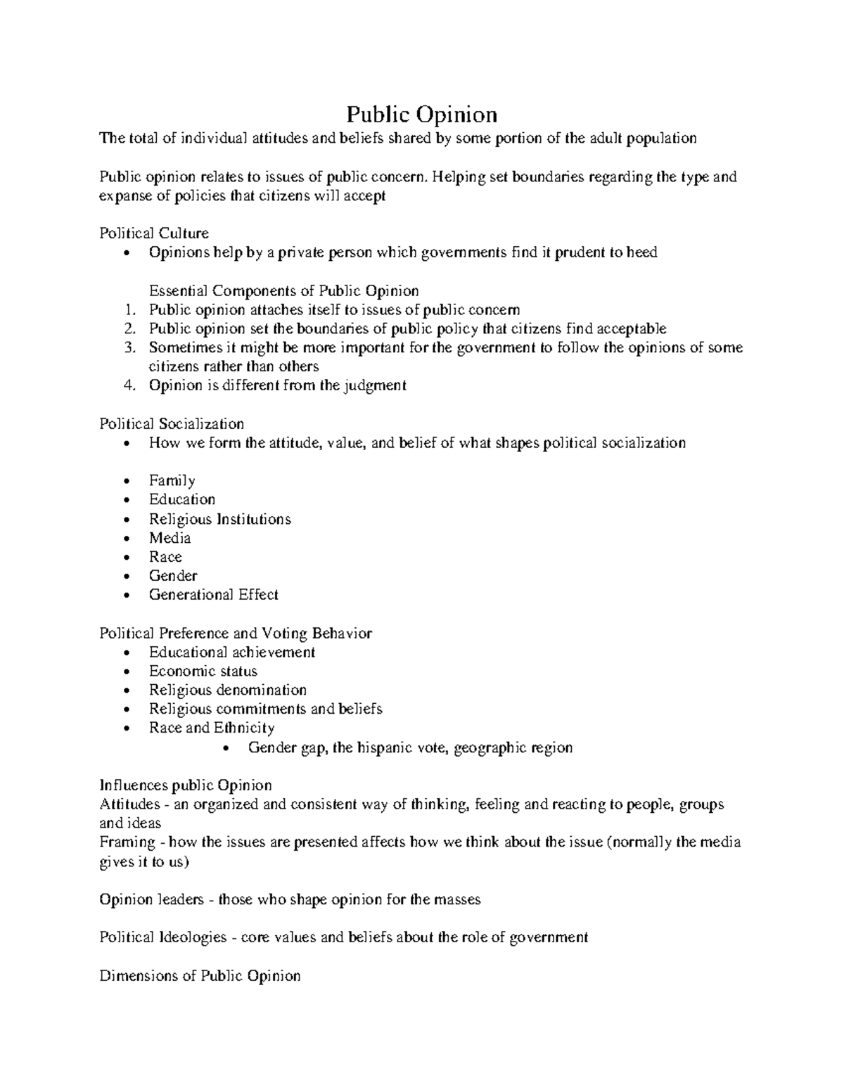 Pols 101 public opinion - Lecture notes 12 - Public Opinion The total ...