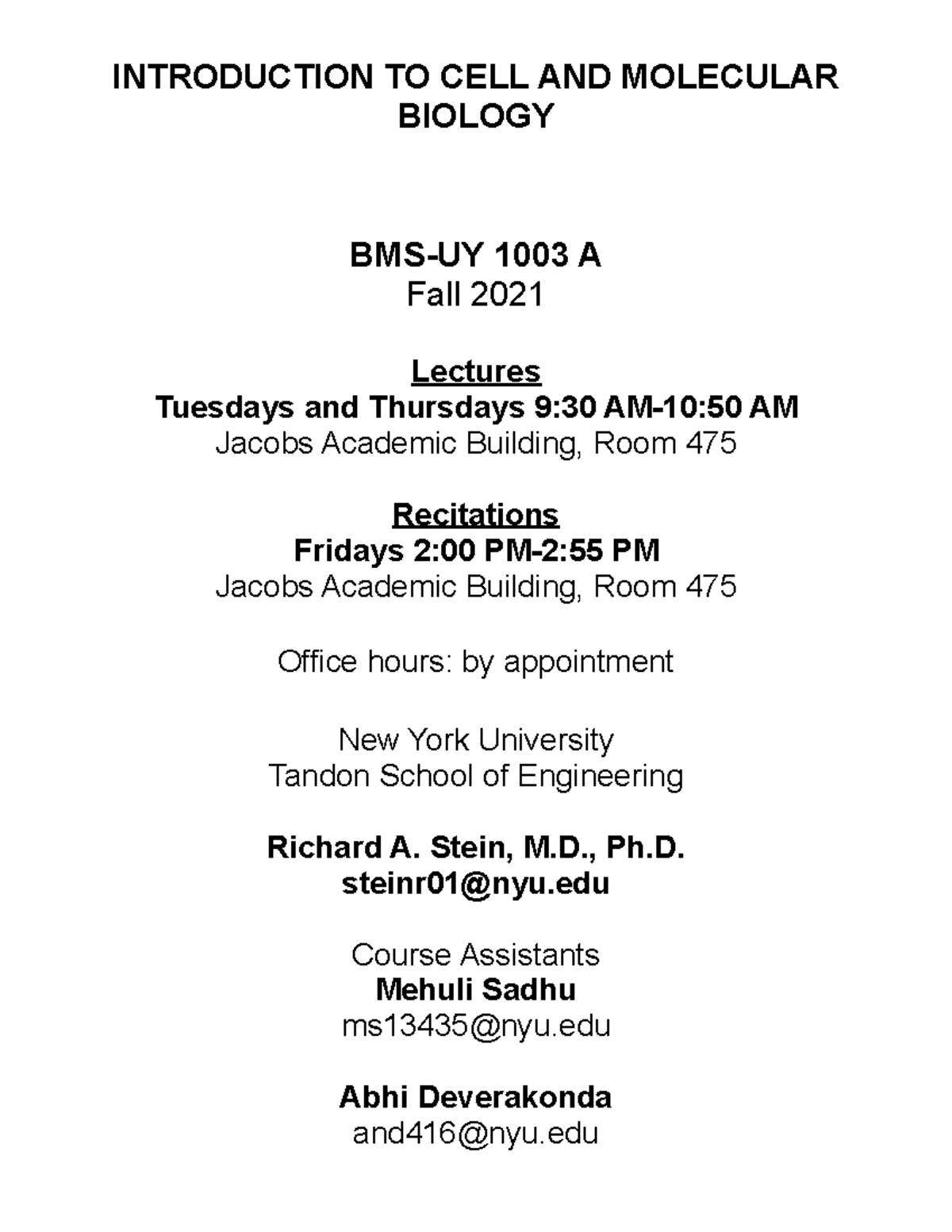 BMS 1003 A Guidelines and Syllabus Fall 2021 Stein - INTRODUCTION TO ...