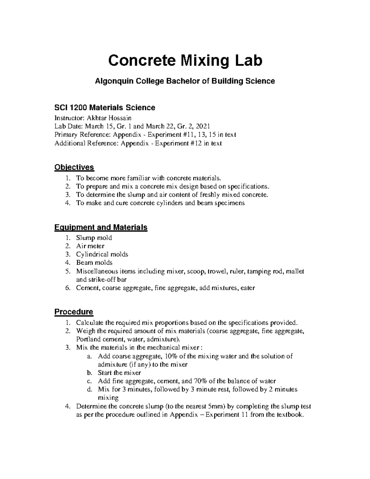 SCI1200 Lab 4 - Concrete Mixing Lab Algonquin College Bachelor of ...