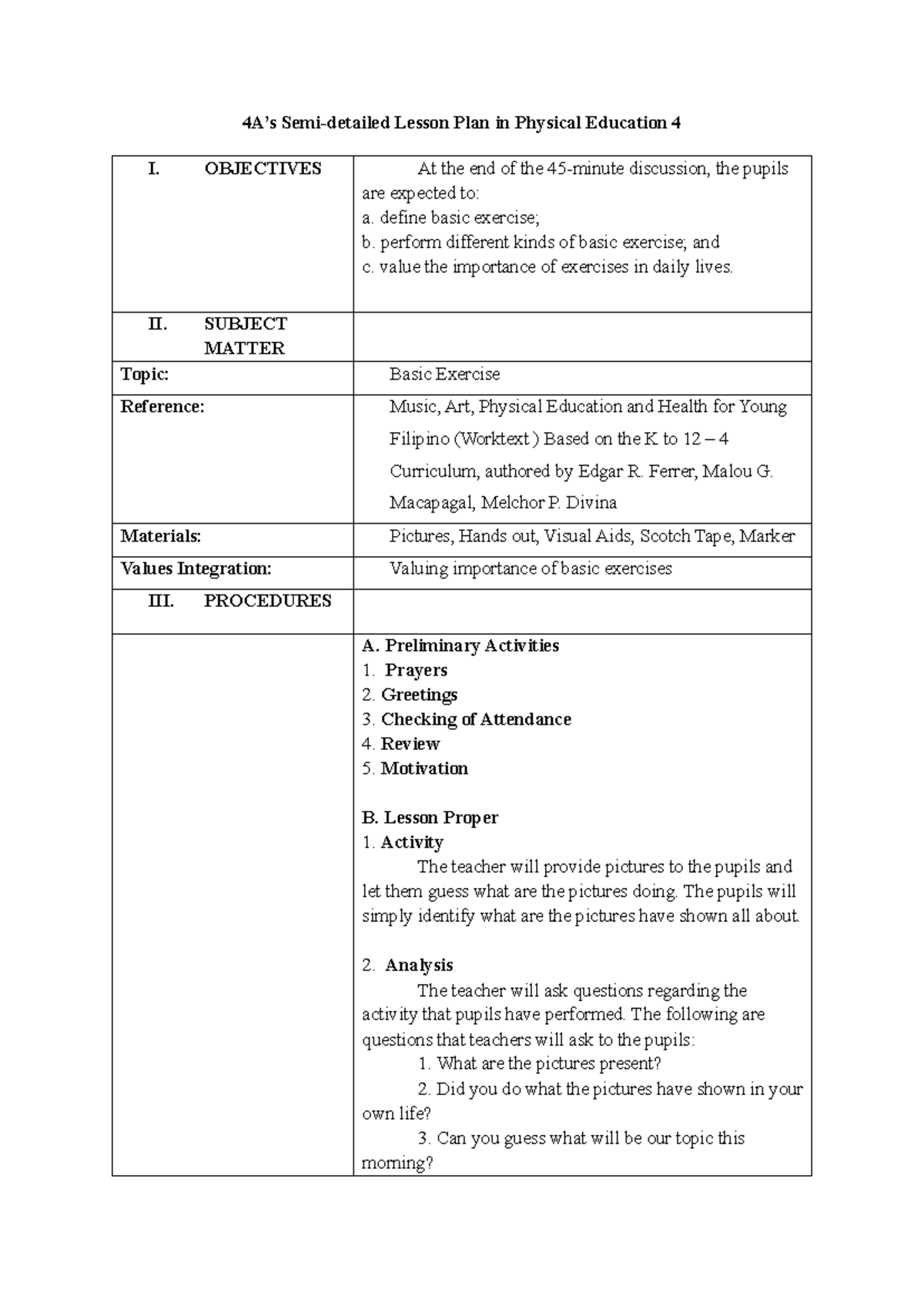 Lesson-Plan p PE - 4A’s Semi-detailed Lesson Plan in Physical Education ...