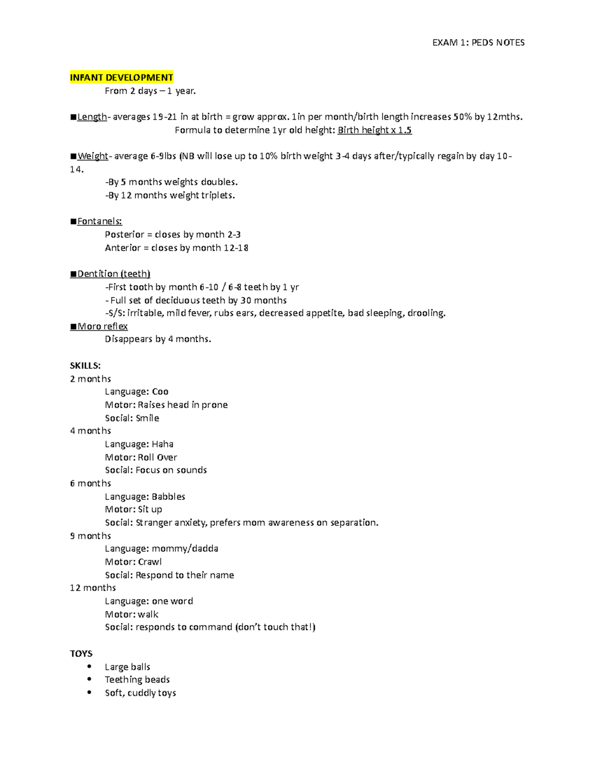 Exam 1 Peds Notes - INFANT DEVELOPMENT From 2 days – 1 year. Length ...