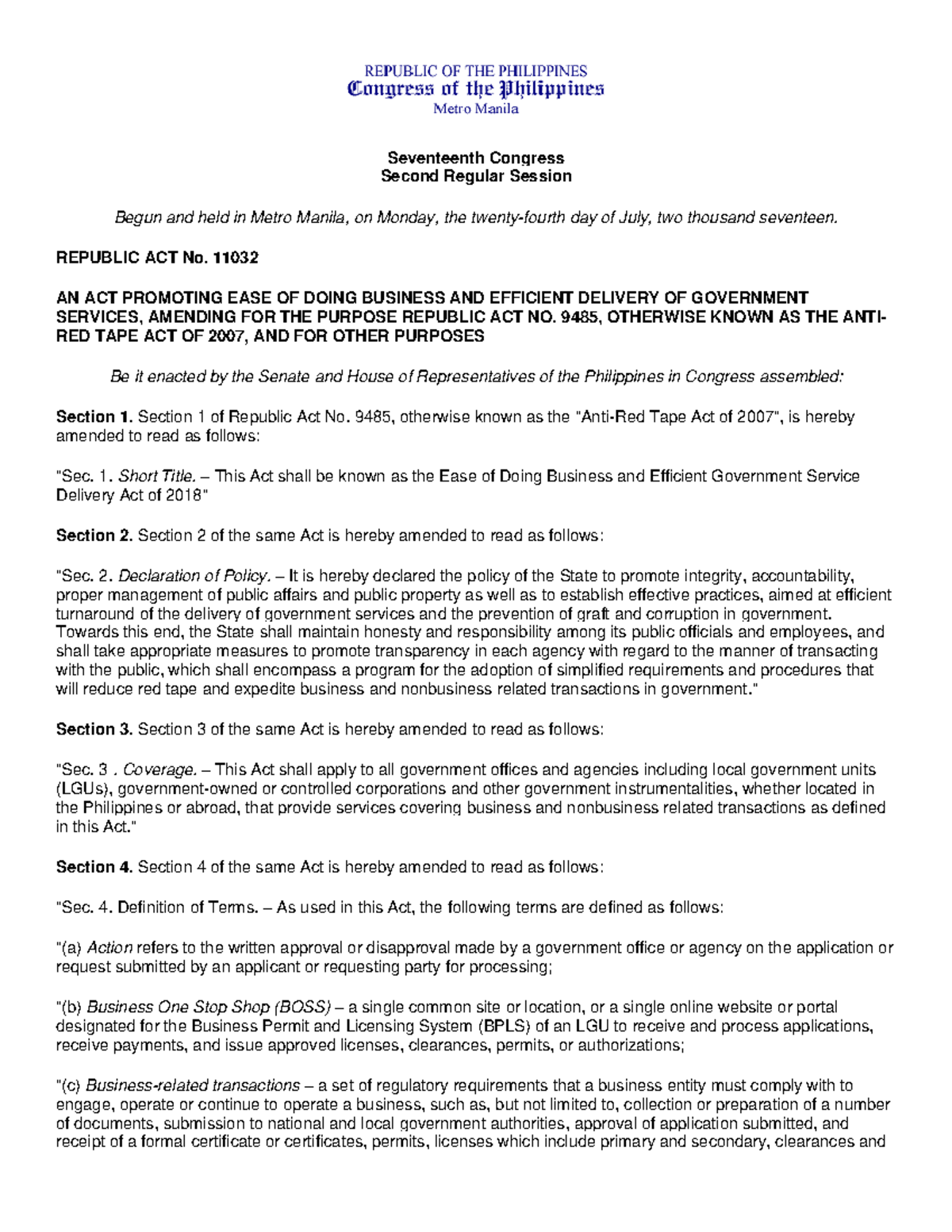 RA 11032 Anti-Red Tape Act of 2007 - Seventeenth Congress Second ...
