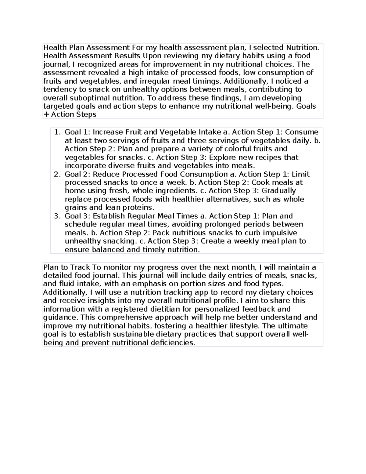 Health Plan Assessmen T - Health Plan Assessment For my health ...