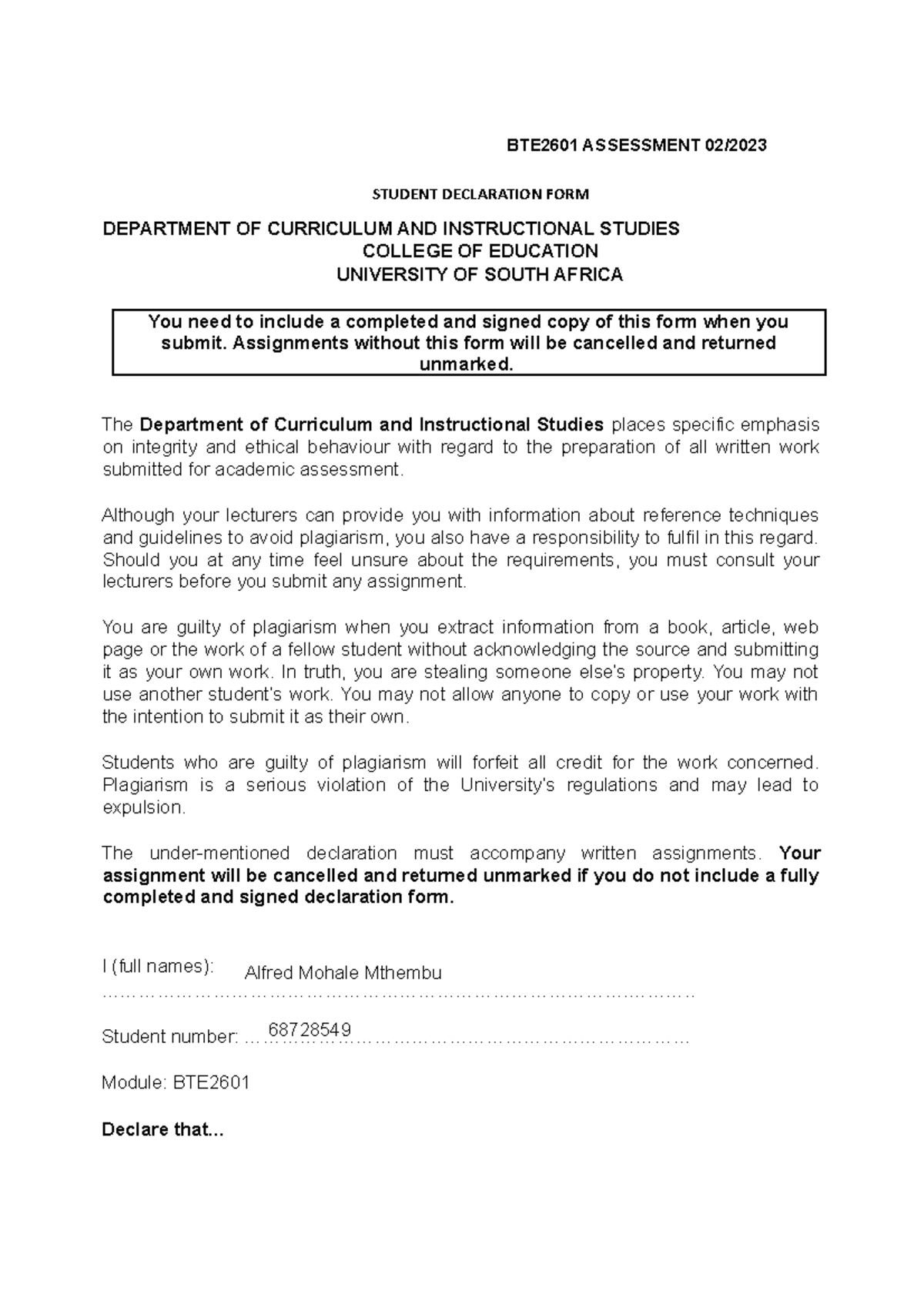 BTE2601 Assignment Number 2 (1) edited - BTE2601 ASSESSMENT 02/ STUDENT DECLARATION FORM ...