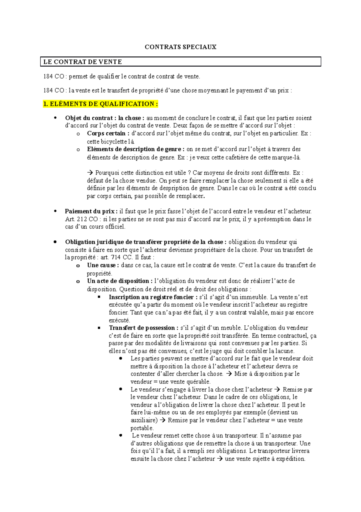 Contrats Speciaux - Notes de cours TOUT - CONTRATS SPECIAUX LE CONTRAT ...
