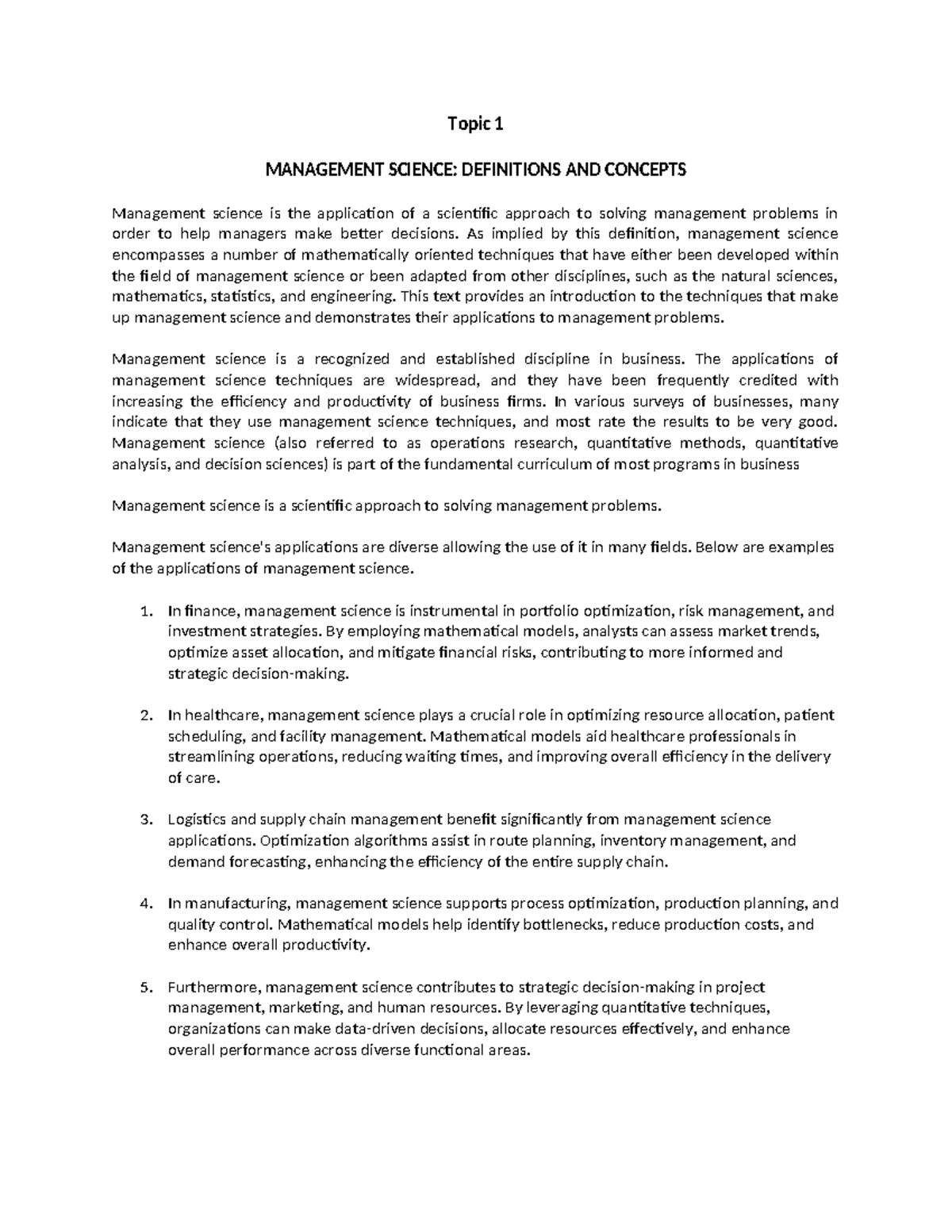 Topic-1 Management-Science - Topic 1 MANAGEMENT SCIENCE: DEFINITIONS ...