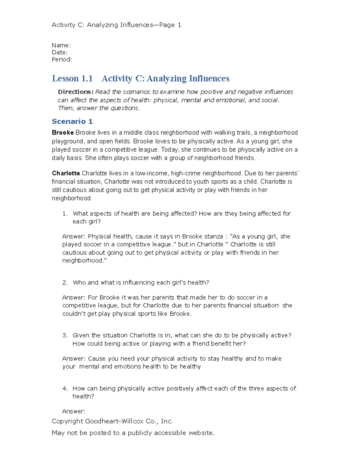 Lesson 1.1 Activity - ...... - Activity C: Analyzing Influences—Page 1 ...