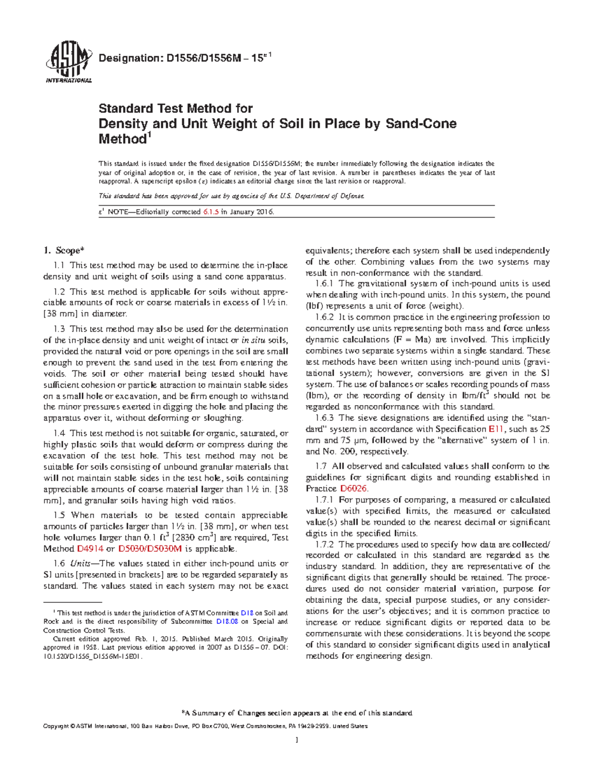 Density and Unit Weight of Soil in Place by Sand-Cone Method (1556 ...