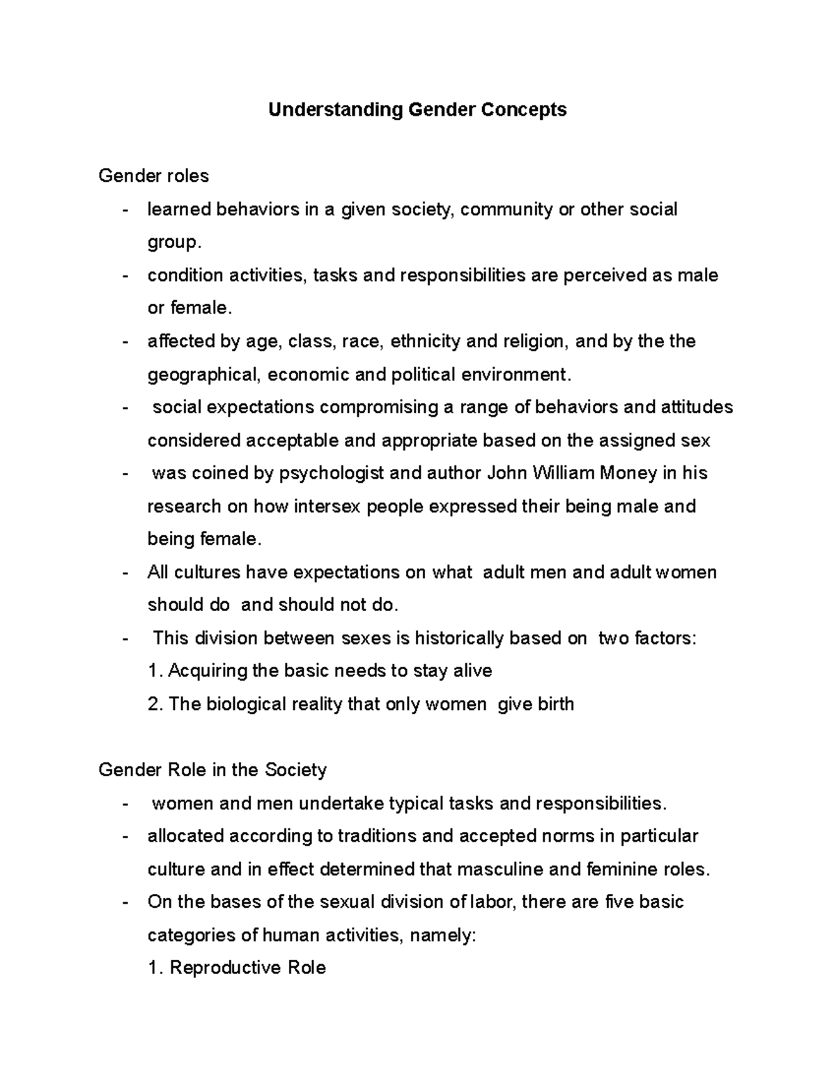 Gender Concepts - Understanding Gender Concepts Gender roles - learned ...