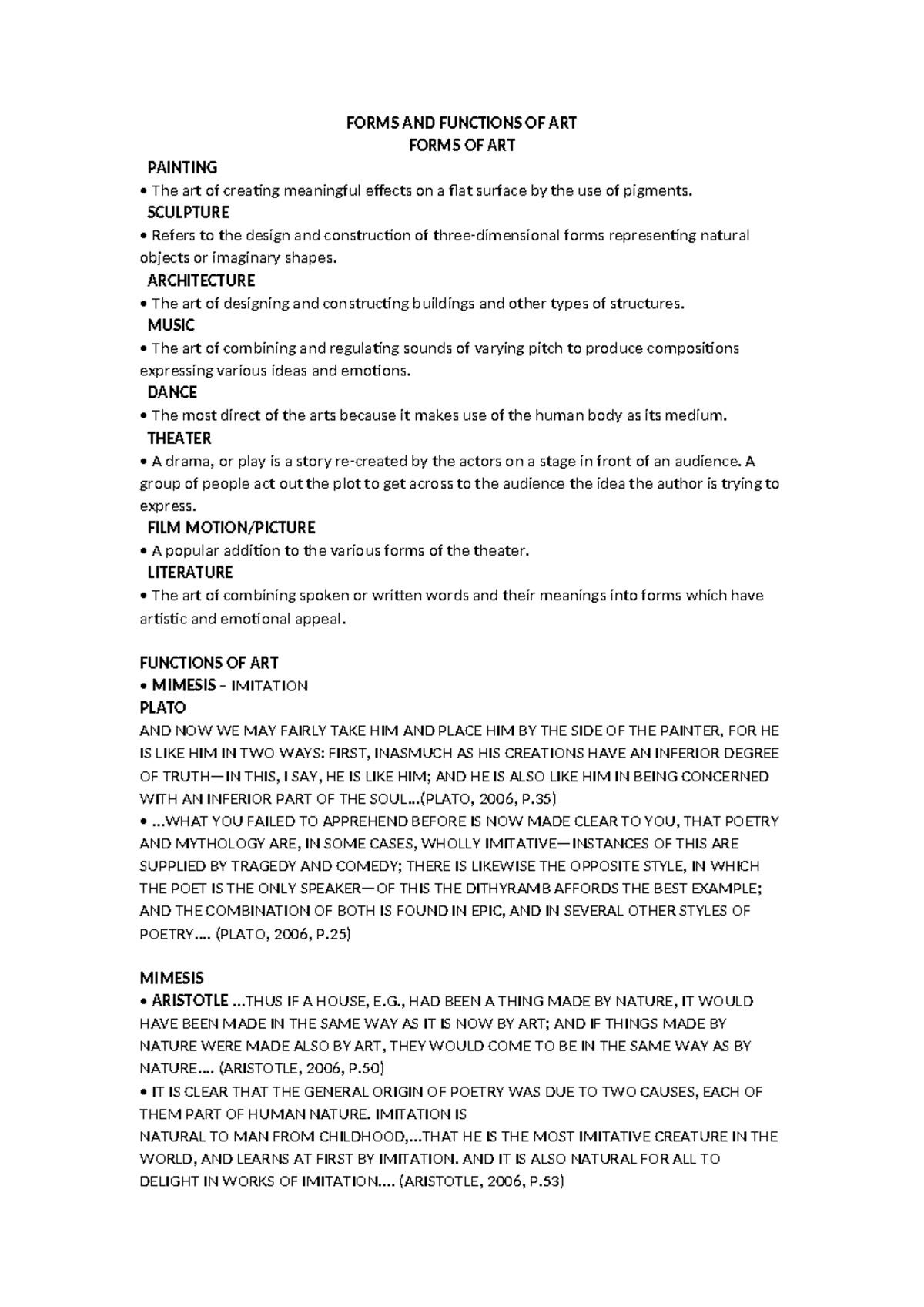 Art Appreciation - Lecture notes contains Forms and Functions of Art ...