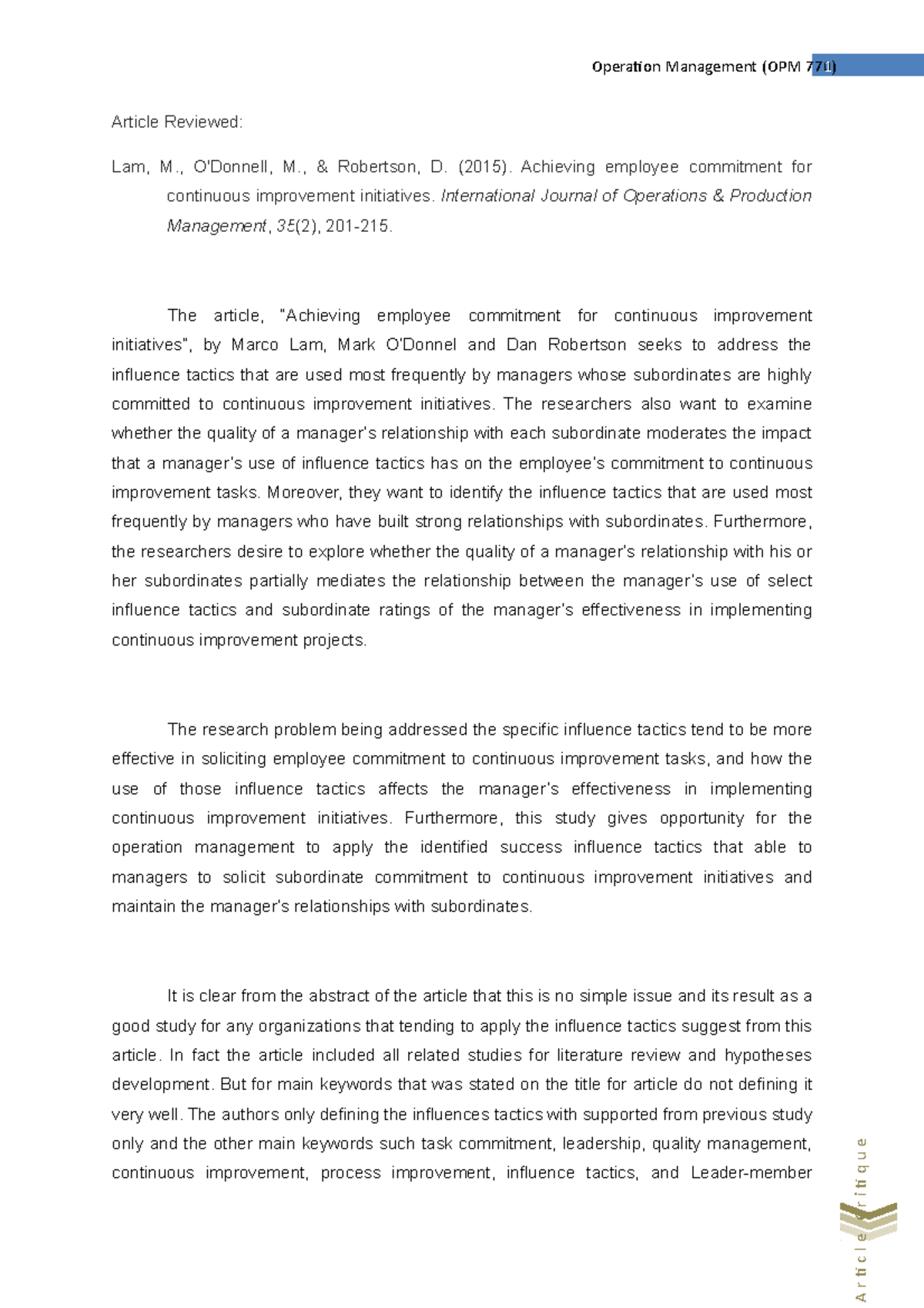 Article Critique - Example for Assignment 2 - Article Reviewed: Lam, M ...