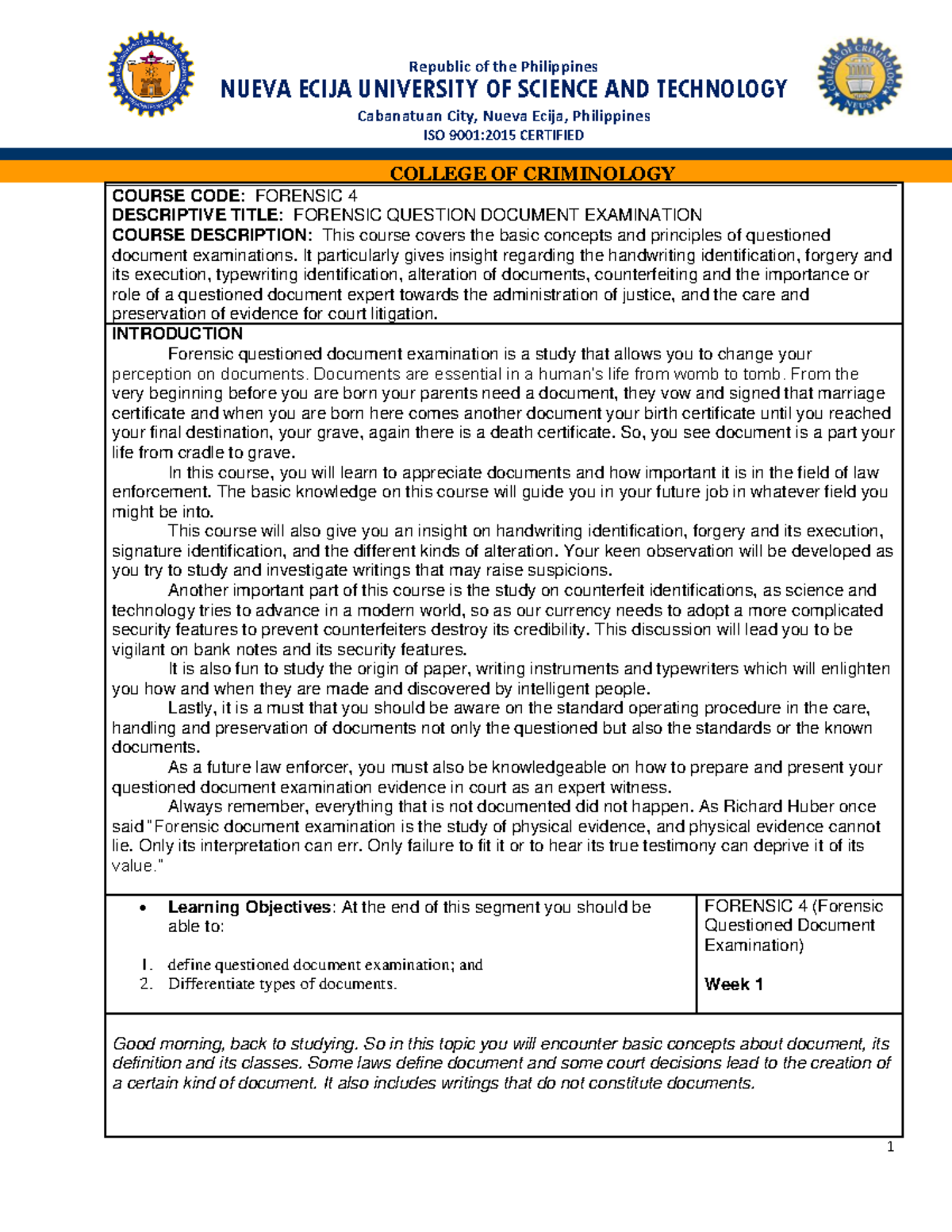 QDE-week-1 - lecture note for the week 1 of forensic 4 - Republic of ...