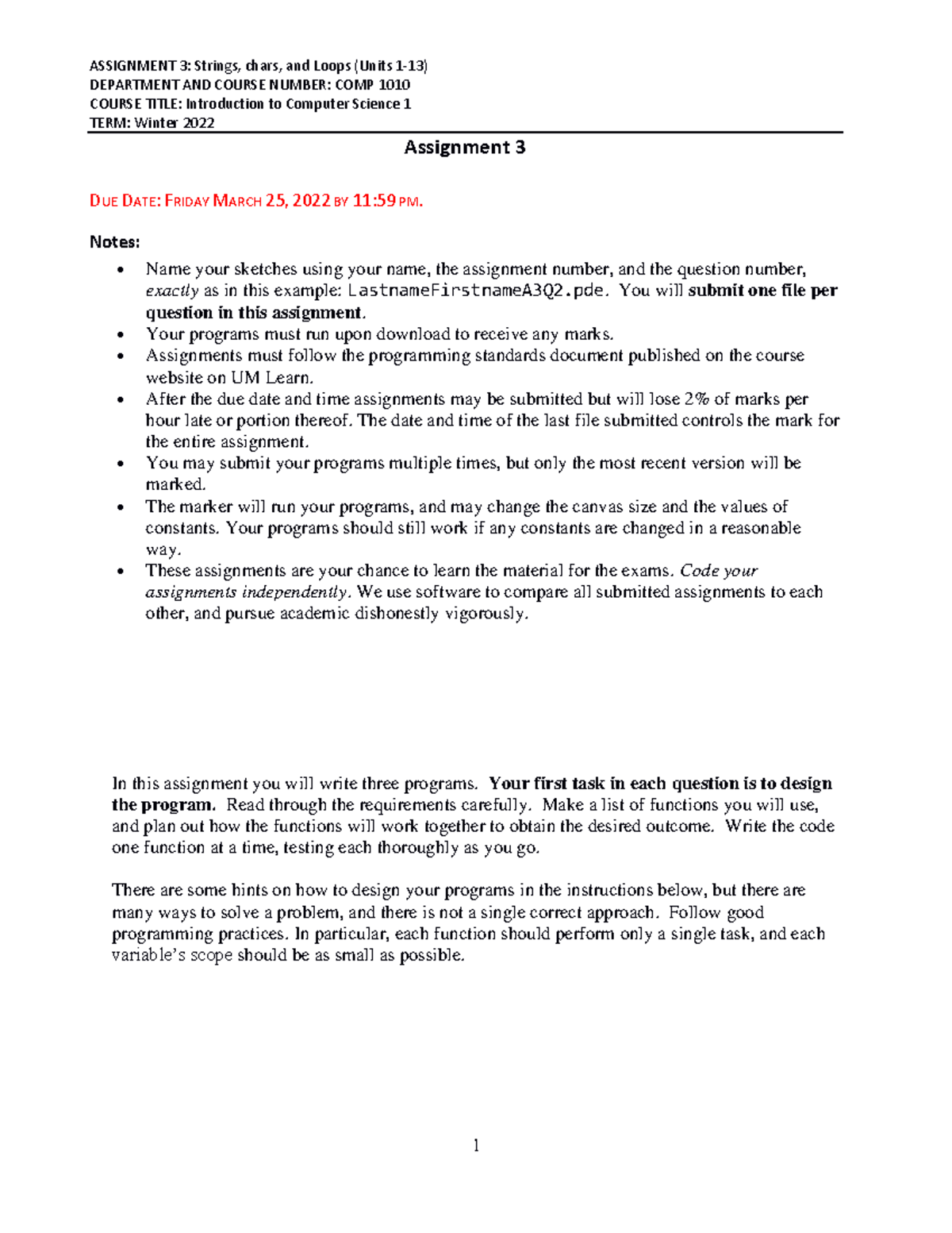Assignment 3-COMP1010-Winter 2022 - ASSIGNMENT 3: Strings, chars, and Loops (Units 1-13 ...