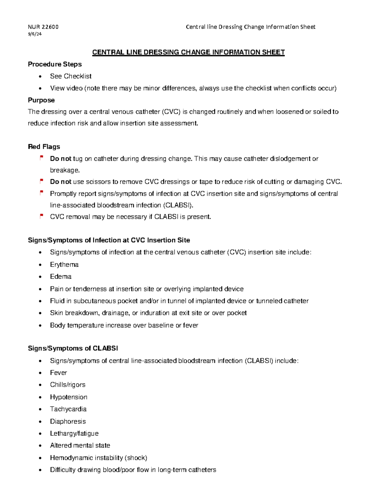 226 Central Line Dressing Info Sheet 9-6 - 9/6/ CENTRAL LINE DRESSING ...