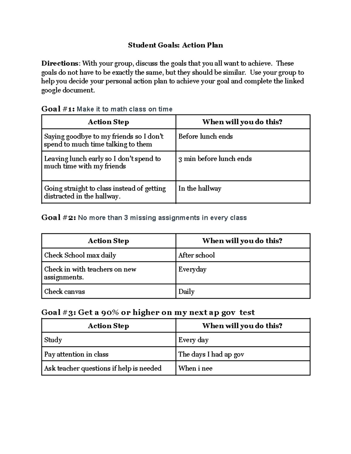 Student Goals Action Plan - Student Goals: Action Plan Directions ...