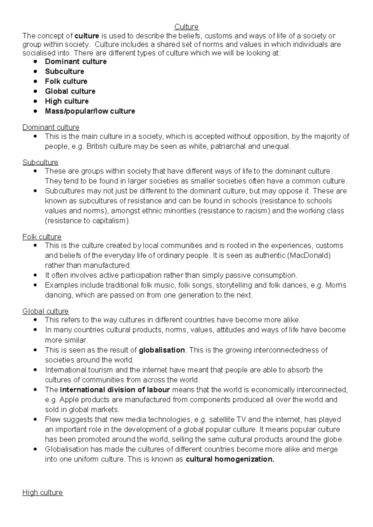 socialisation- class notes - Culture The concept of culture is used to ...