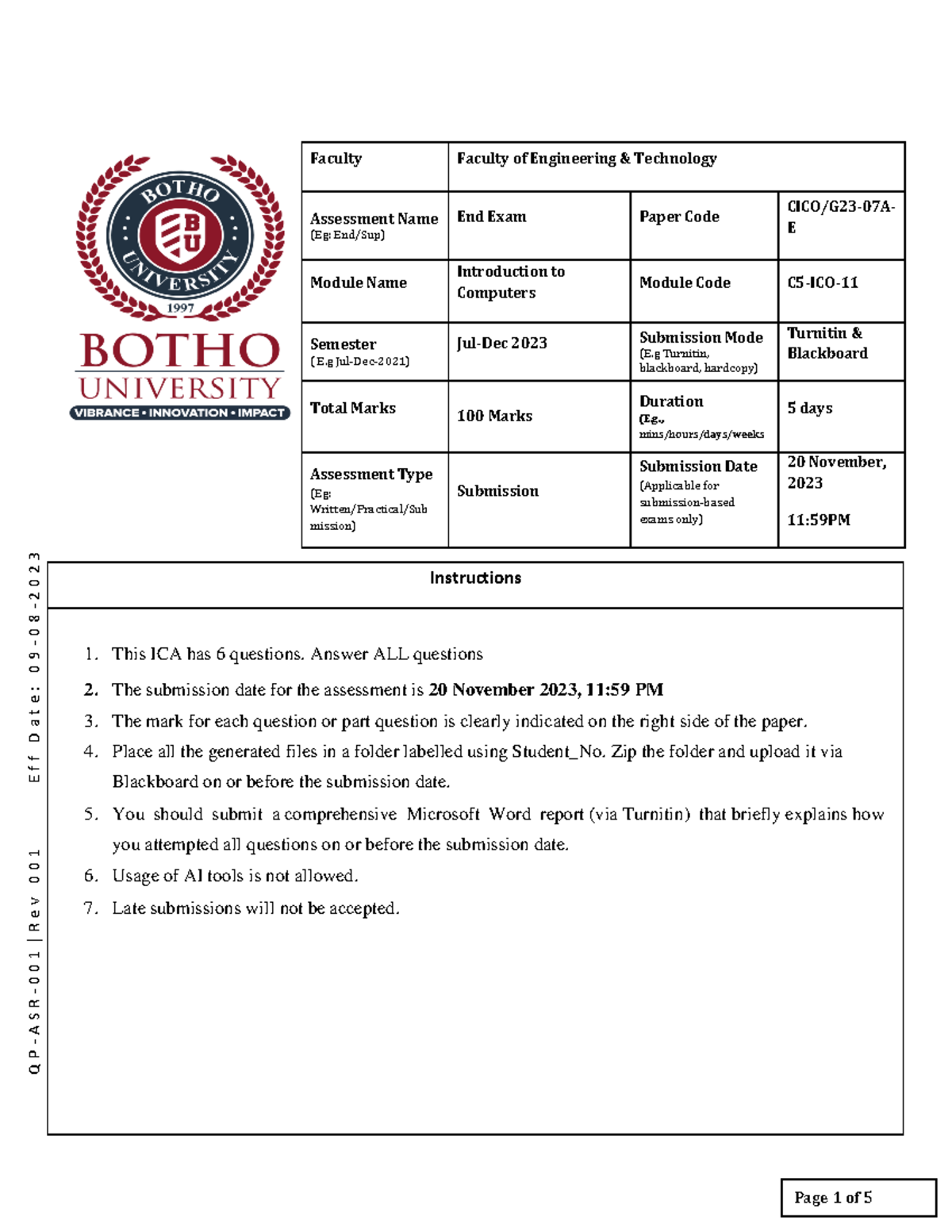 QP-ASR-001 ICO Exam - E f f D a t e : 0 9 - 0 8 - 2 0 2 3 Faculty Faculty of Engineering & - Studocu