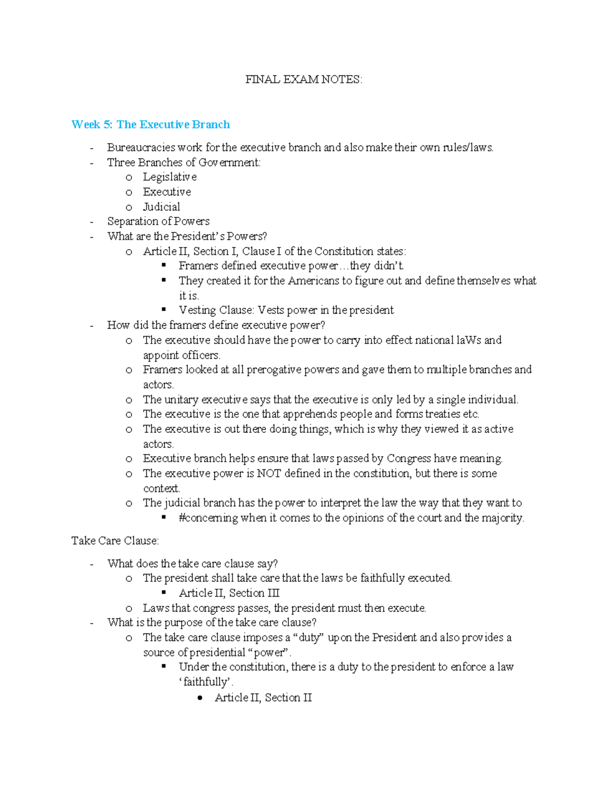 FInal Exam Notes (LAW 210) - FINAL EXAM NOTES: Week 5: The Executive ...