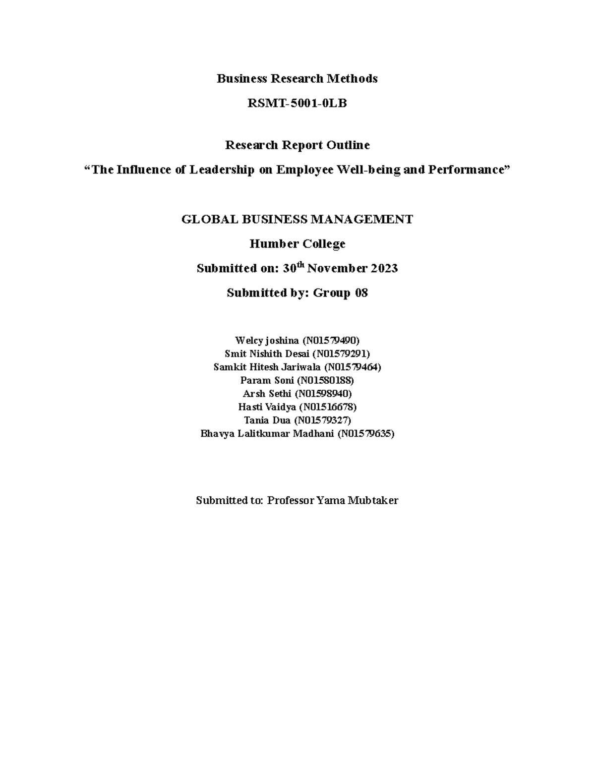 Research Report Outline - Business Research Methods RSMT- 5001 - 0LB ...