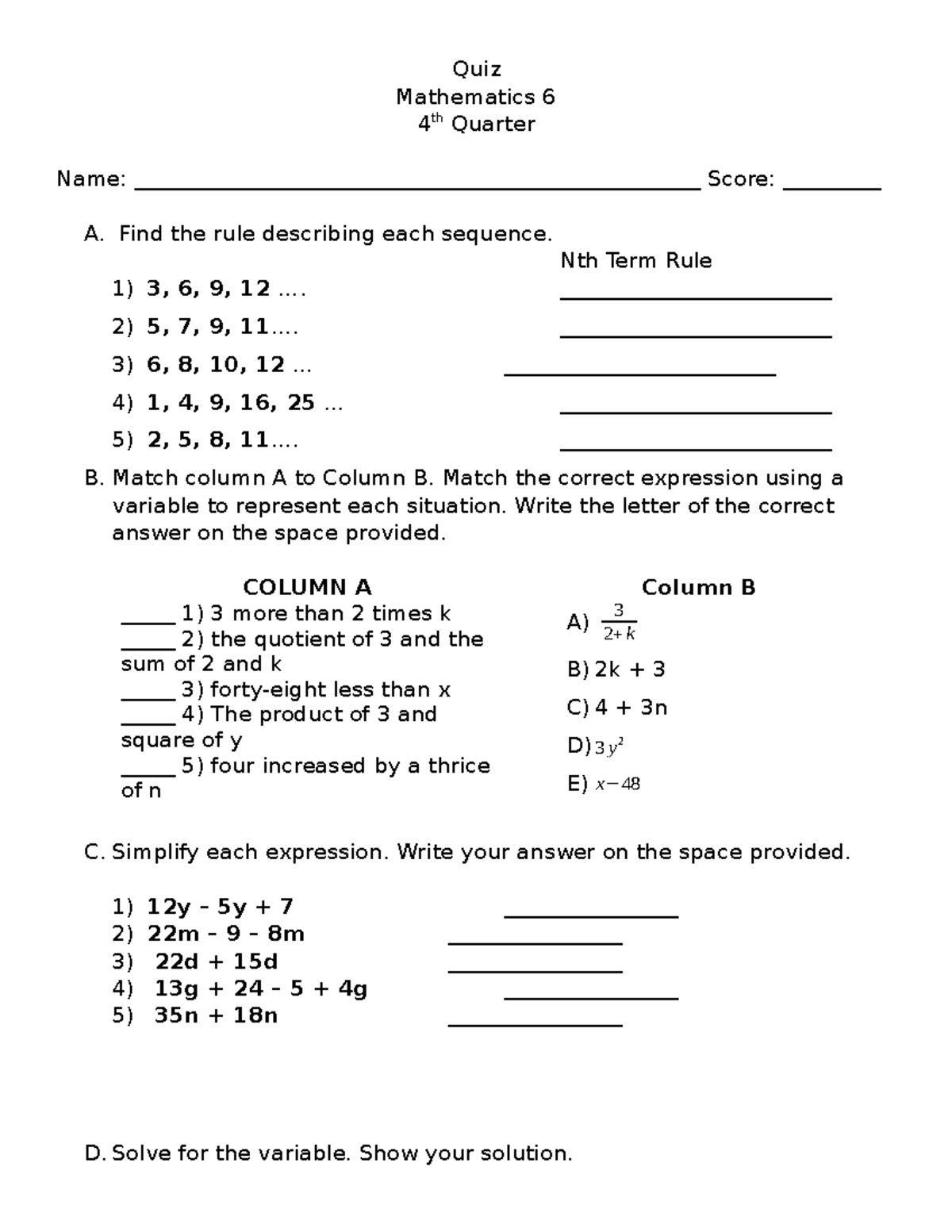 Math 6 ( Pattern and Simple Algebra) - Quiz Mathematics 6 4 th Quarter ...