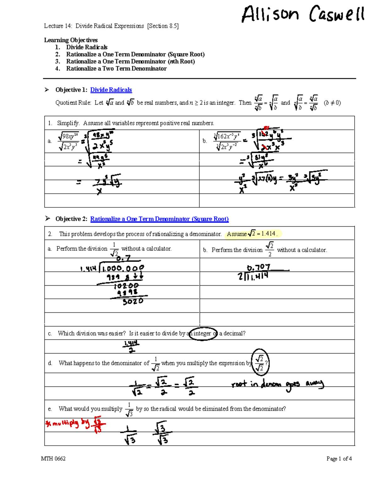 Lecture 14- 2 12 21 - full - Lecture 14: Divide Radical Expressions ...