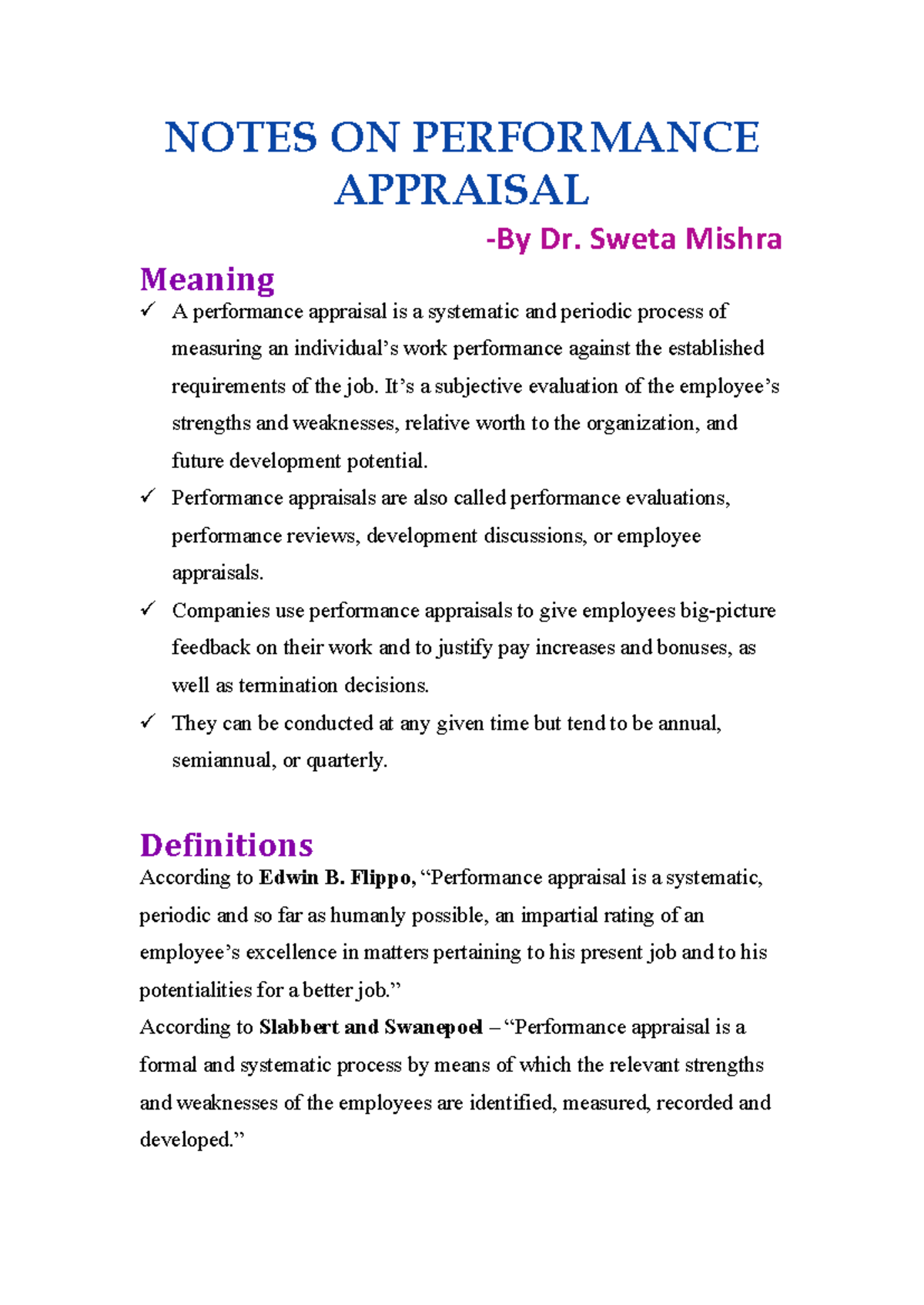 6. Performance Appraisal - NOTES ON PERFORMANCE APPRAISAL -By Dr. Sweta ...