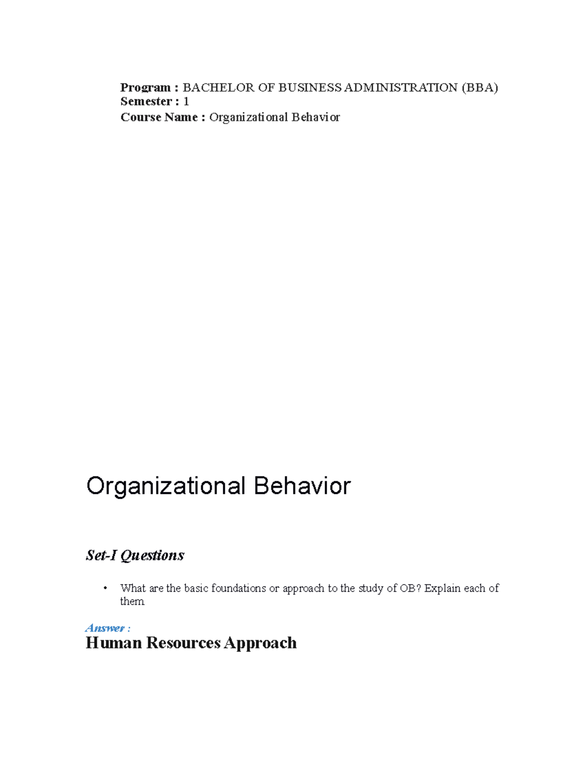 Organizational Behaviour - Program : BACHELOR OF BUSINESS ...