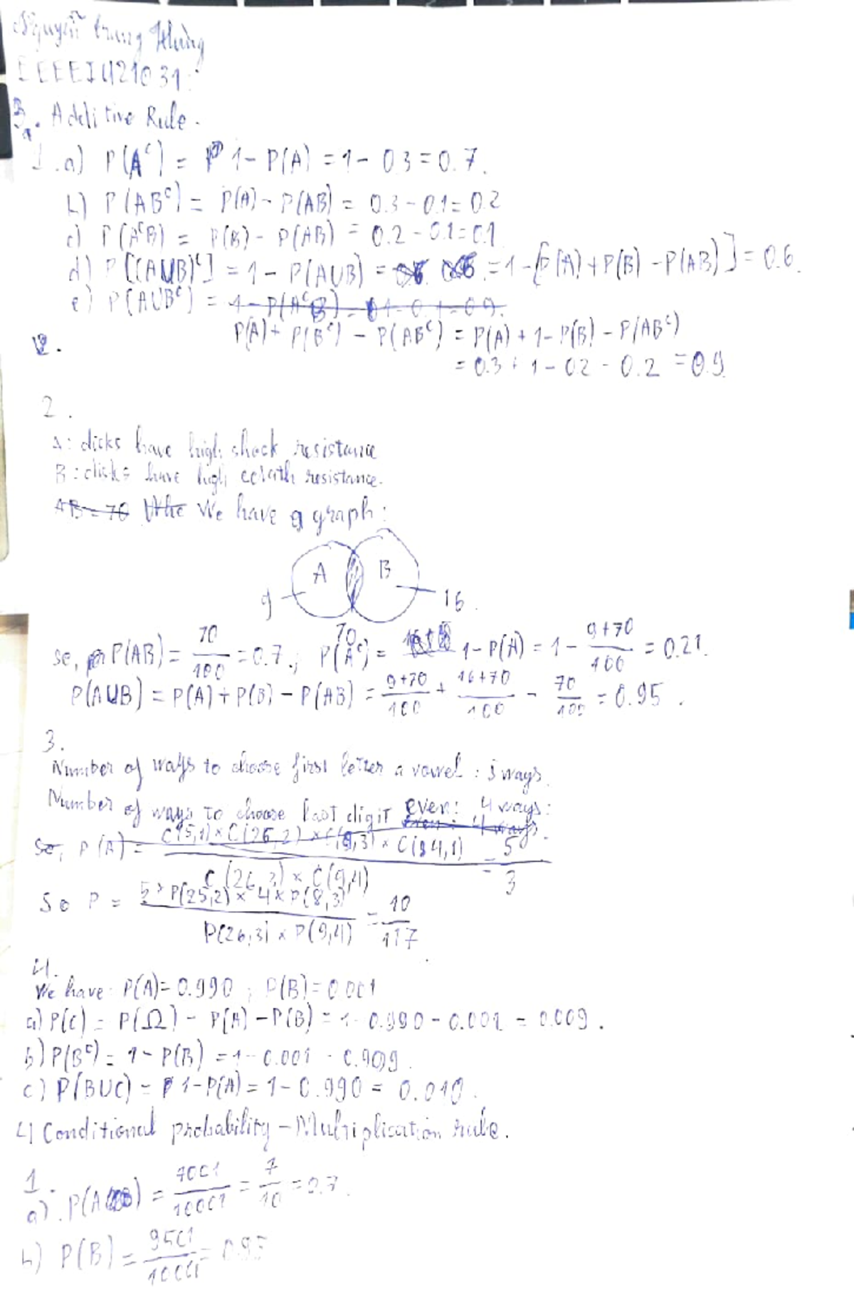 HW3 probability - EE?1e 34 .Adi tie Rule J) rlA):P4-PIA) =1- 03=07. PAB)= pla)- P(AB) = 03-01 ...