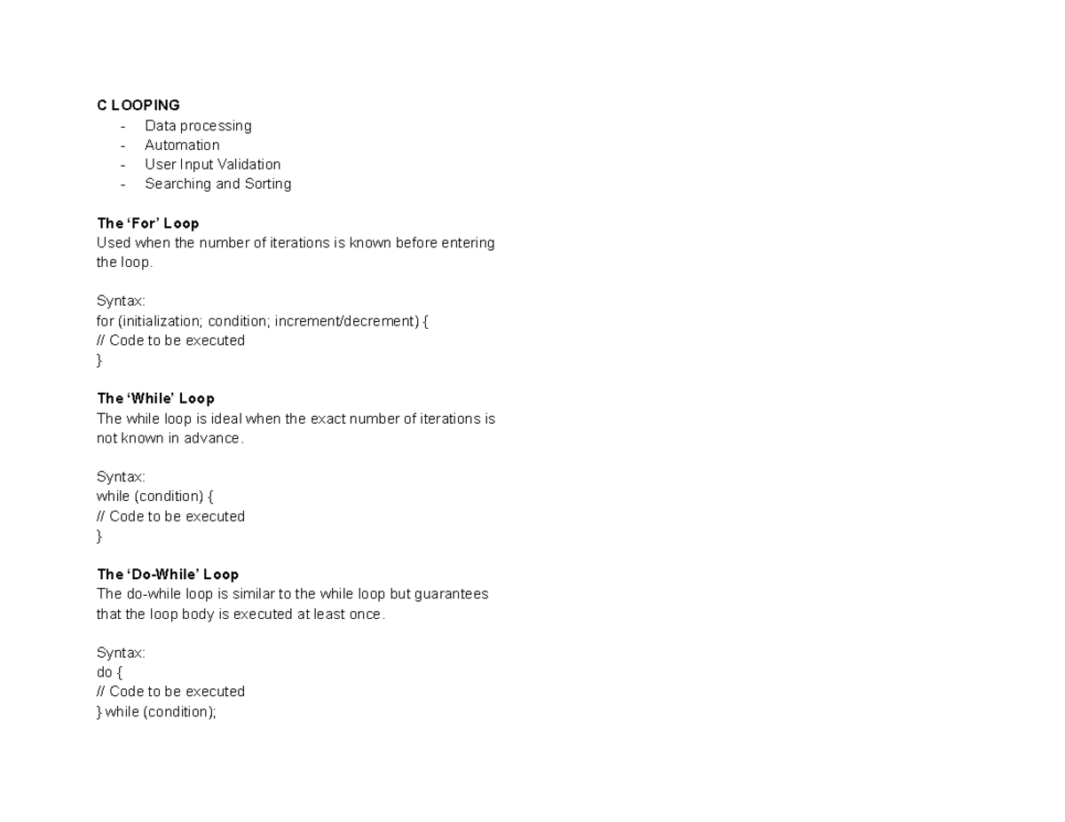 Cprog 1 Finals Reviewer C Looping Data Processing Automation User Input Validation Searching