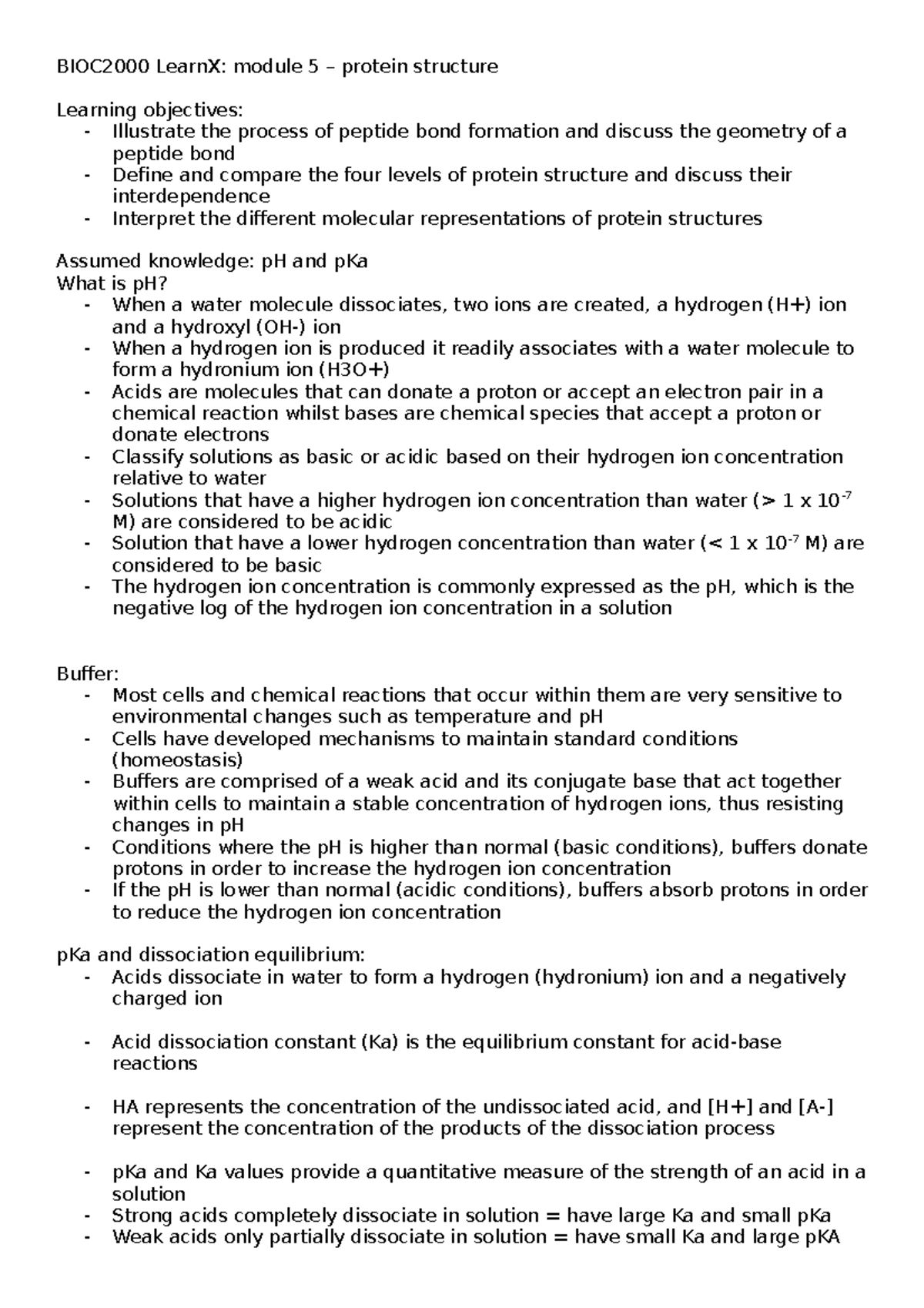 BIOC2000 Learn X - module 5 - BIOC2000 LearnX: module 5 – protein structure Learning objectives ...