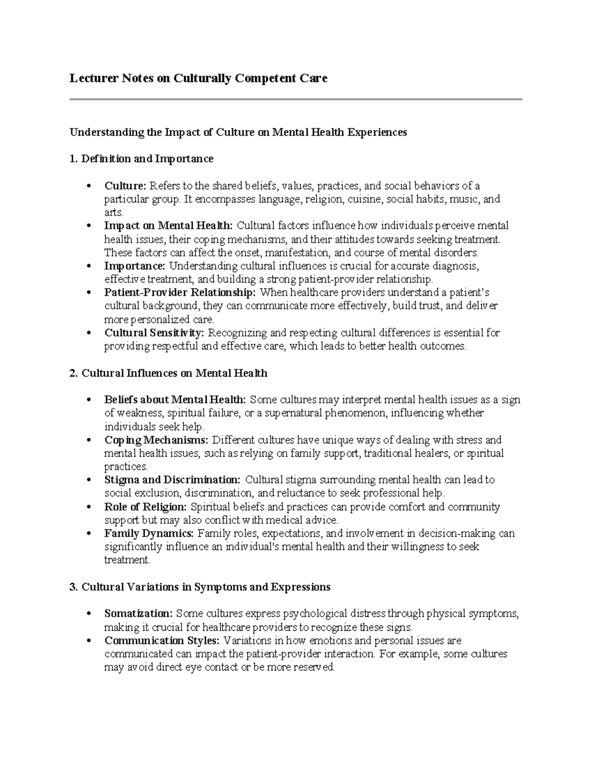 Community mental health notes - Lecturer Notes on Culturally Competent ...
