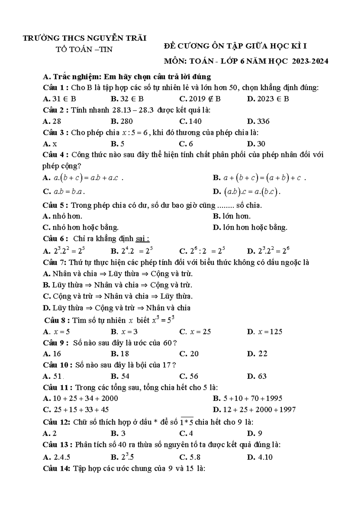 De cuong giua hosdsc ki 1 toan 6 nam 2023 2024 truong thcs nguyen trai quang tri - TRƯỜNG THCS ...