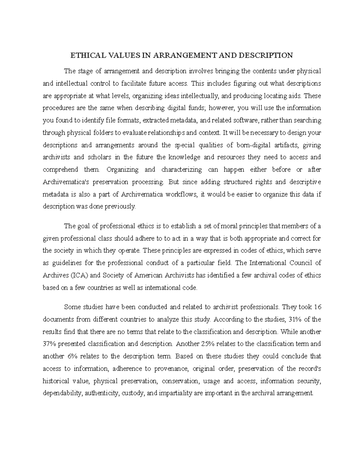 Reflective Essay IMR605 - ETHICAL VALUES IN ARRANGEMENT AND DESCRIPTION ...