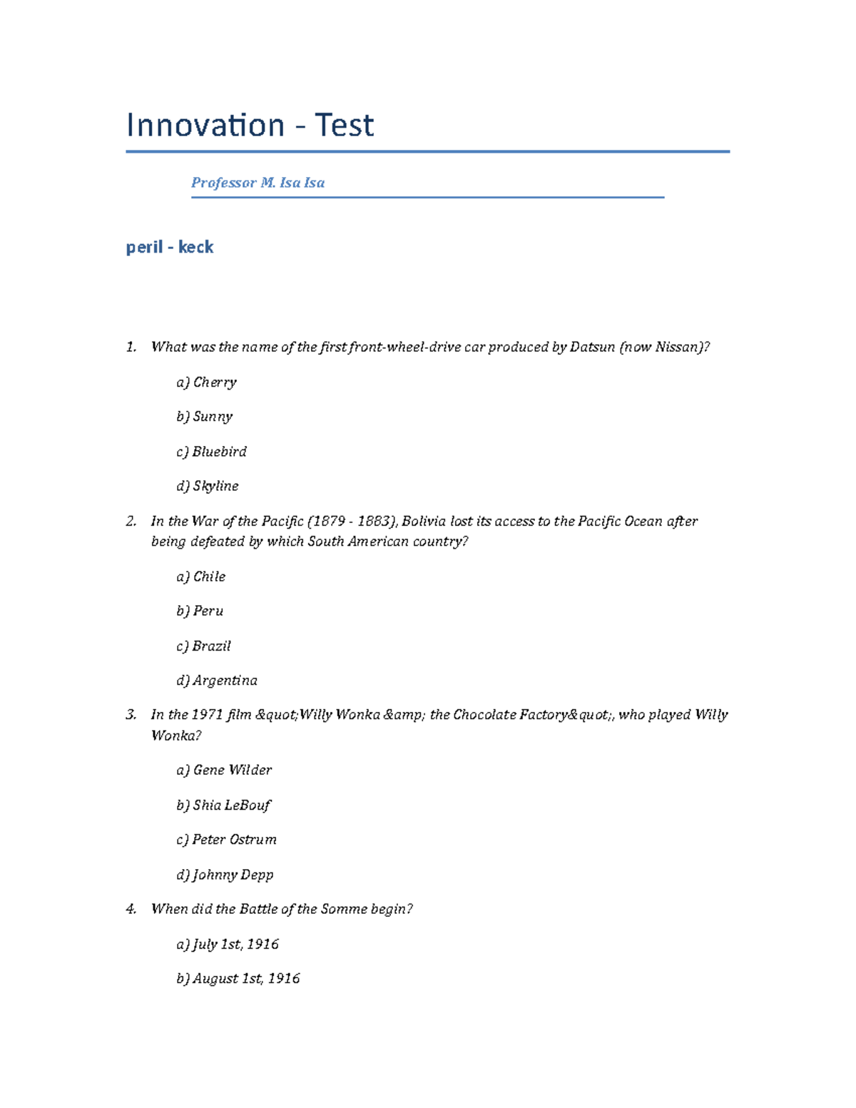 Innovation Quiz - Spring Semester 2003 - Innovation - Test Professor M ...