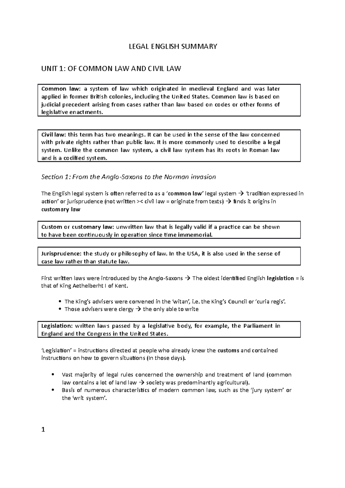 Legal English Summary UNIT 1 LEGAL ENGLISH SUMMARY UNIT 1 OF COMMON