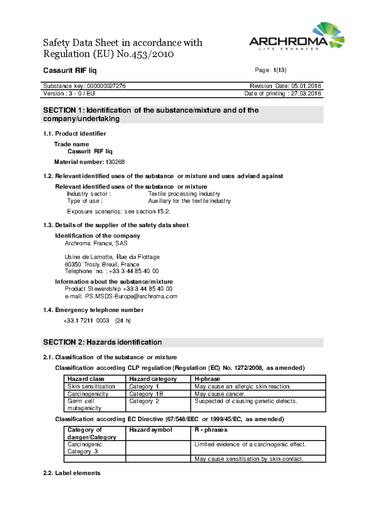 Dimethylol ethylene urea - Regulation (EU) No/ Cassurit RIF liq Page 1 ...