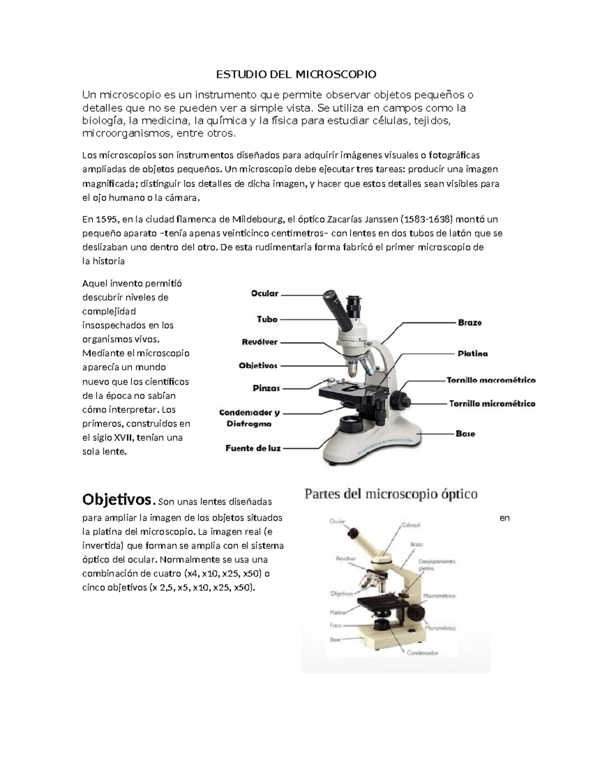 Estudio DEL Microscopio - ESTUDIO DEL MICROSCOPIO Un microscopio es un ...