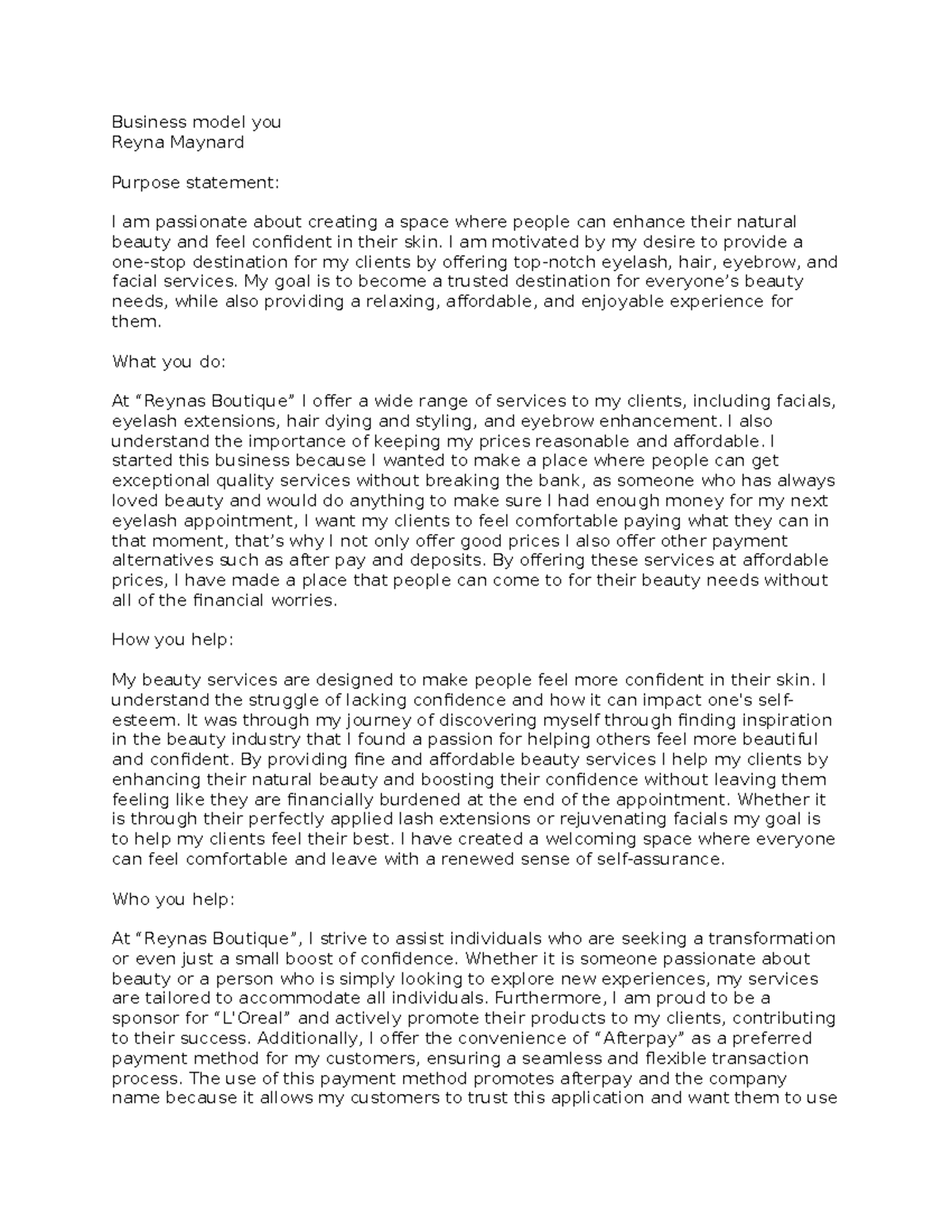 Business model you - To help - Business model you Reyna Maynard Purpose ...