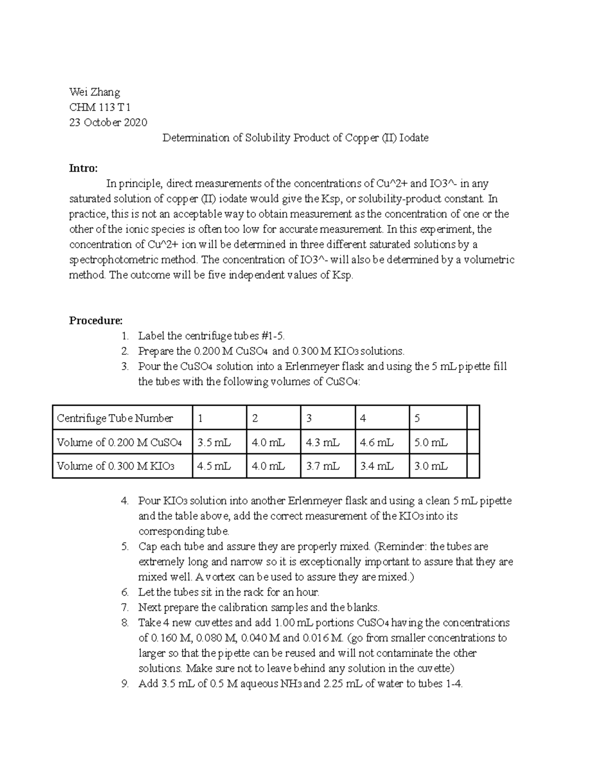 Determination of Solubility Product of Copper (II) Iodate Lab Report ...