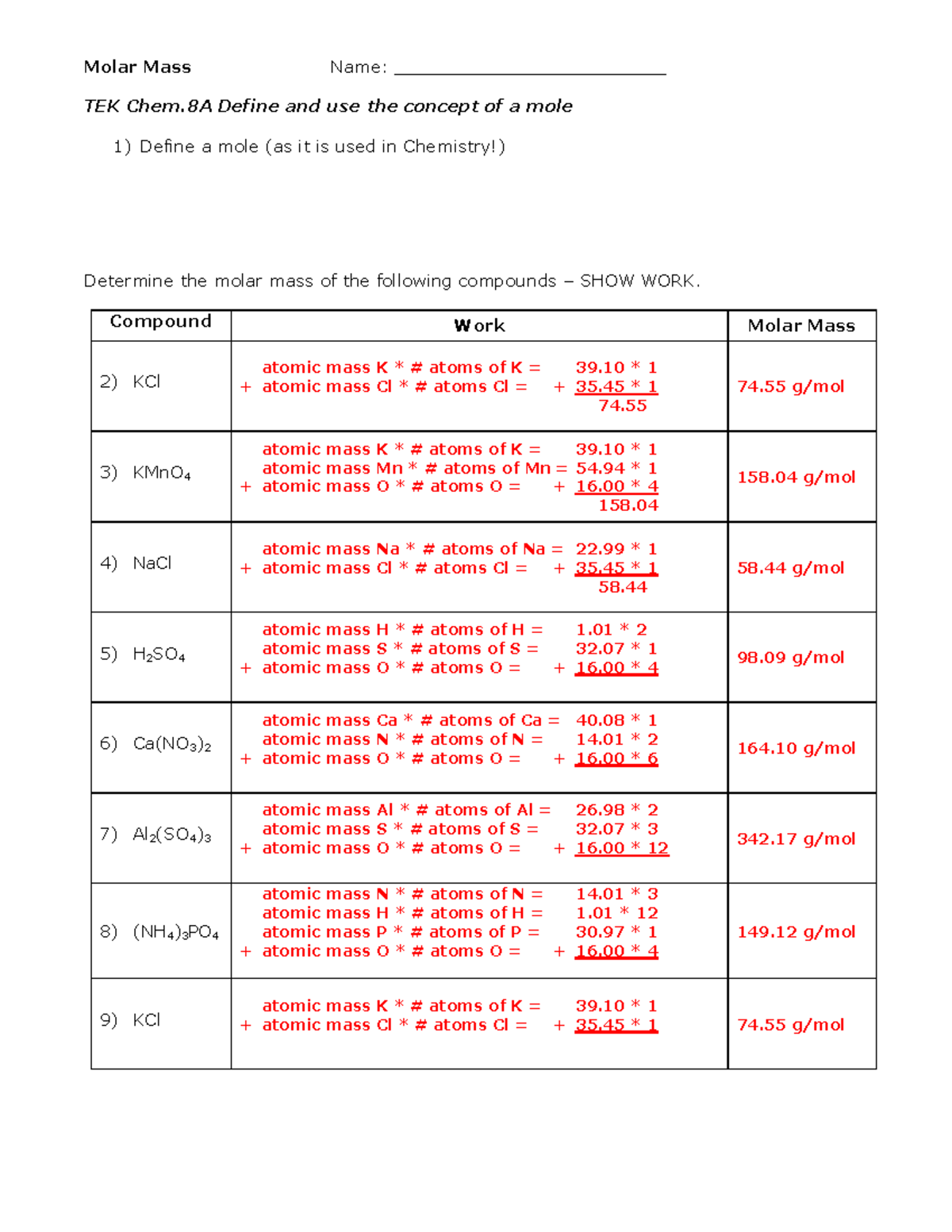 Molar Mass Practice Key - Molar Mass Name ...