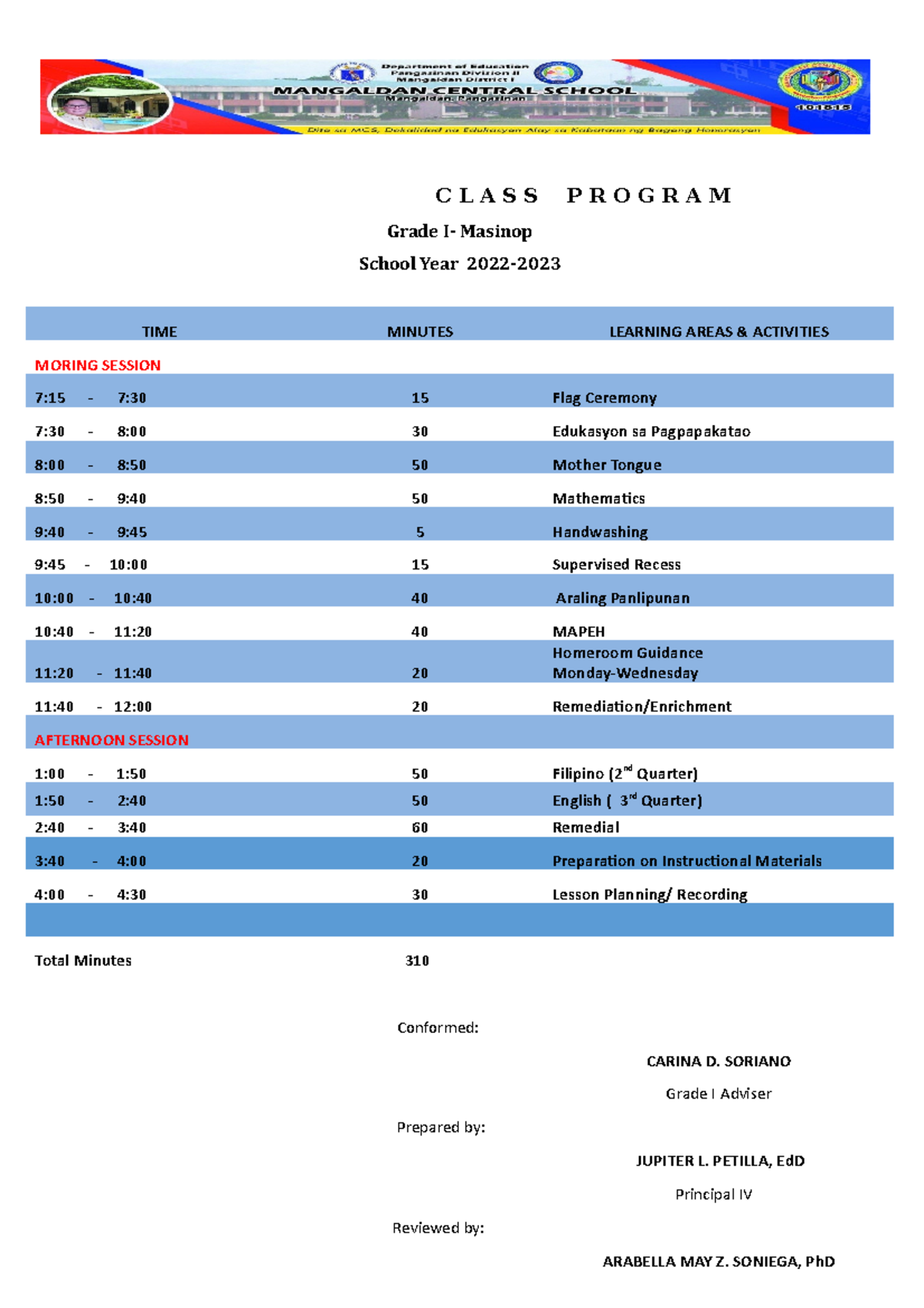 A4 Class Program Regular - C L A S S P R O G R A M Grade I- Masinop ...