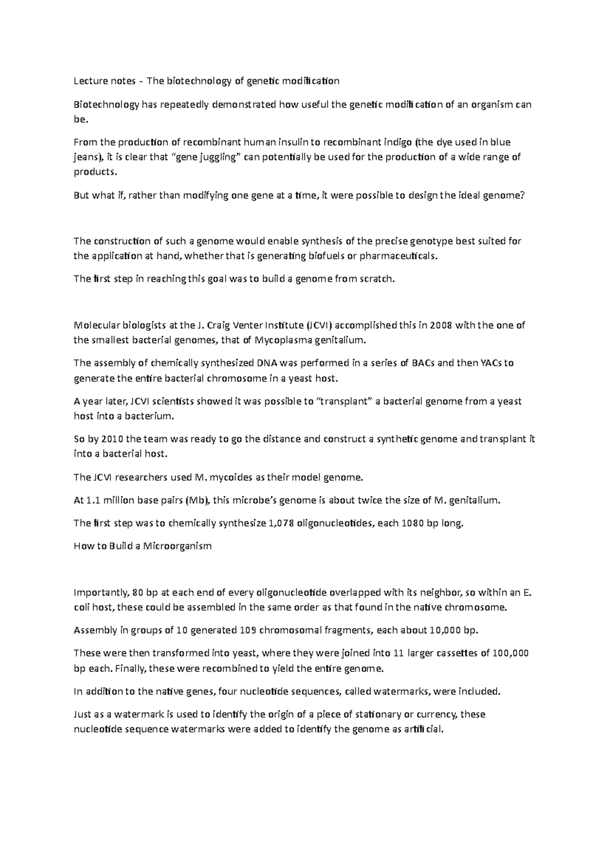 Lecture notes - The biotechnology of genetic modification - Lecture ...