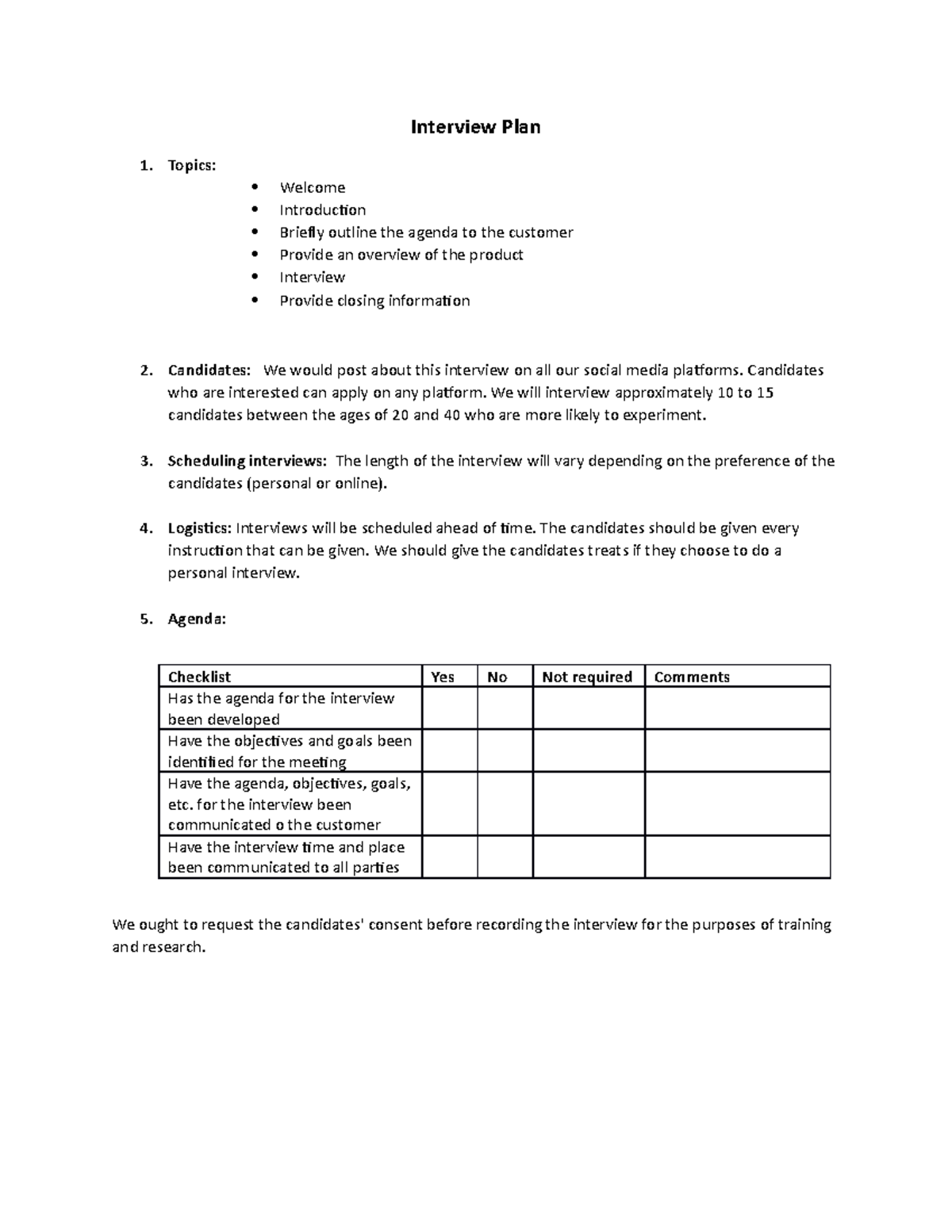 Interview Plan - Assignment - Interview Plan Topics: Welcome ...