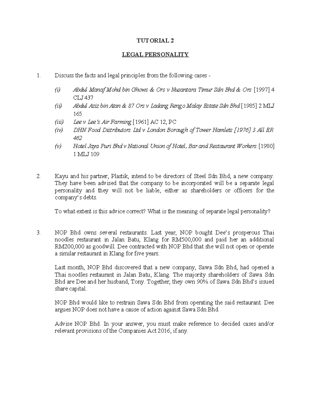 Tutorial (Legal Personality) - TUTORIAL 2 LEGAL PERSONALITY Discuss the ...