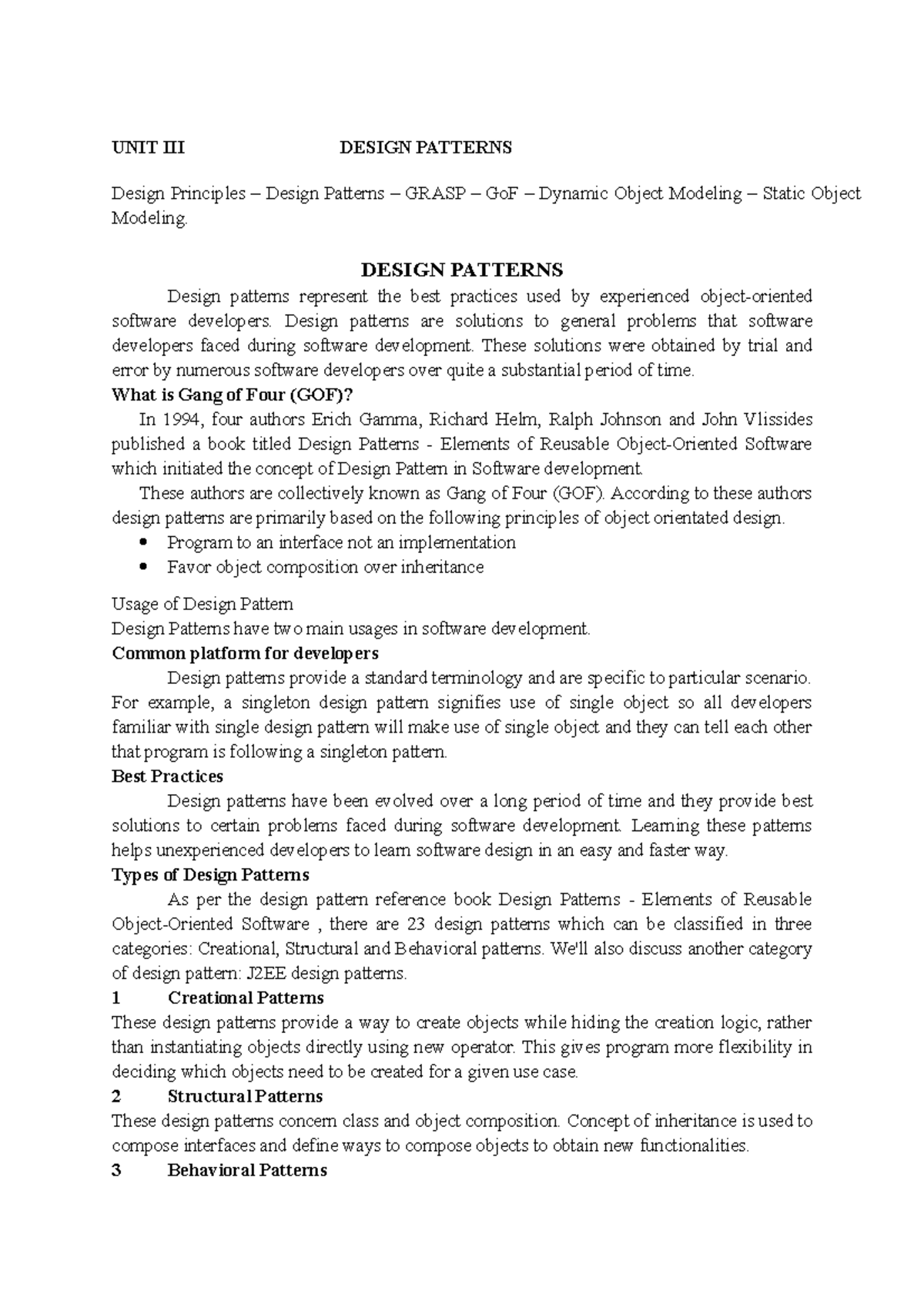 Unit 3 - OOSE - UNIT III DESIGN PATTERNS Design Principles – Design Patterns – GRASP – GoF ...