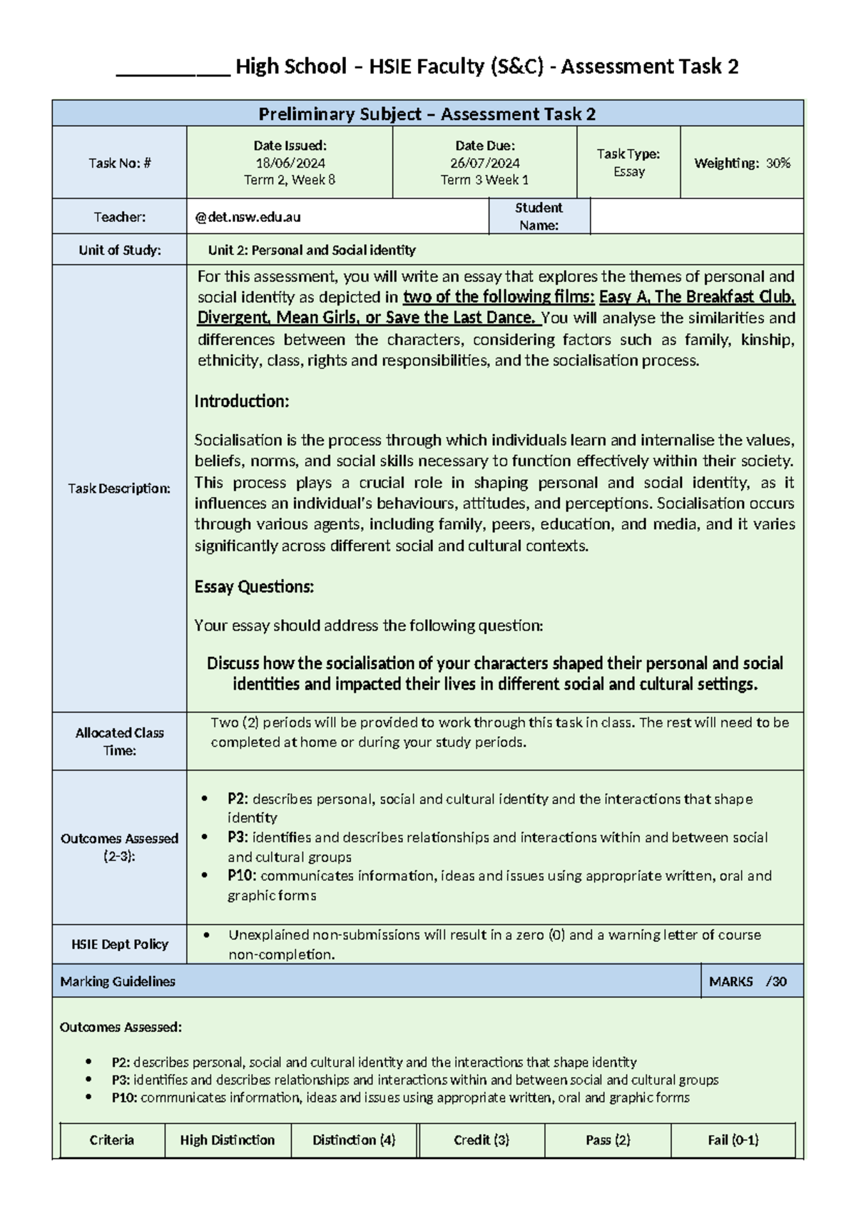 HSIE Society and Culture - Senior - Assessment Task 2 socialisation ...
