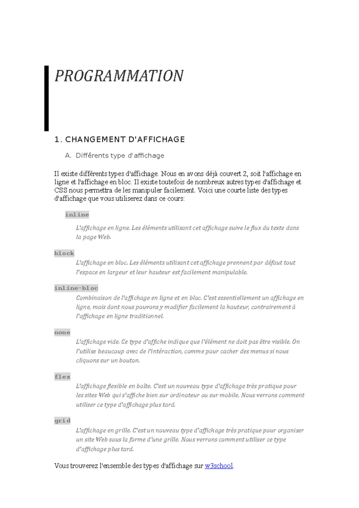 Programmation 2 : Introduction AU CSS Partie 3 - PROGRAMMATION 1. CHANGEMENT D'AFFICHAGE A ...