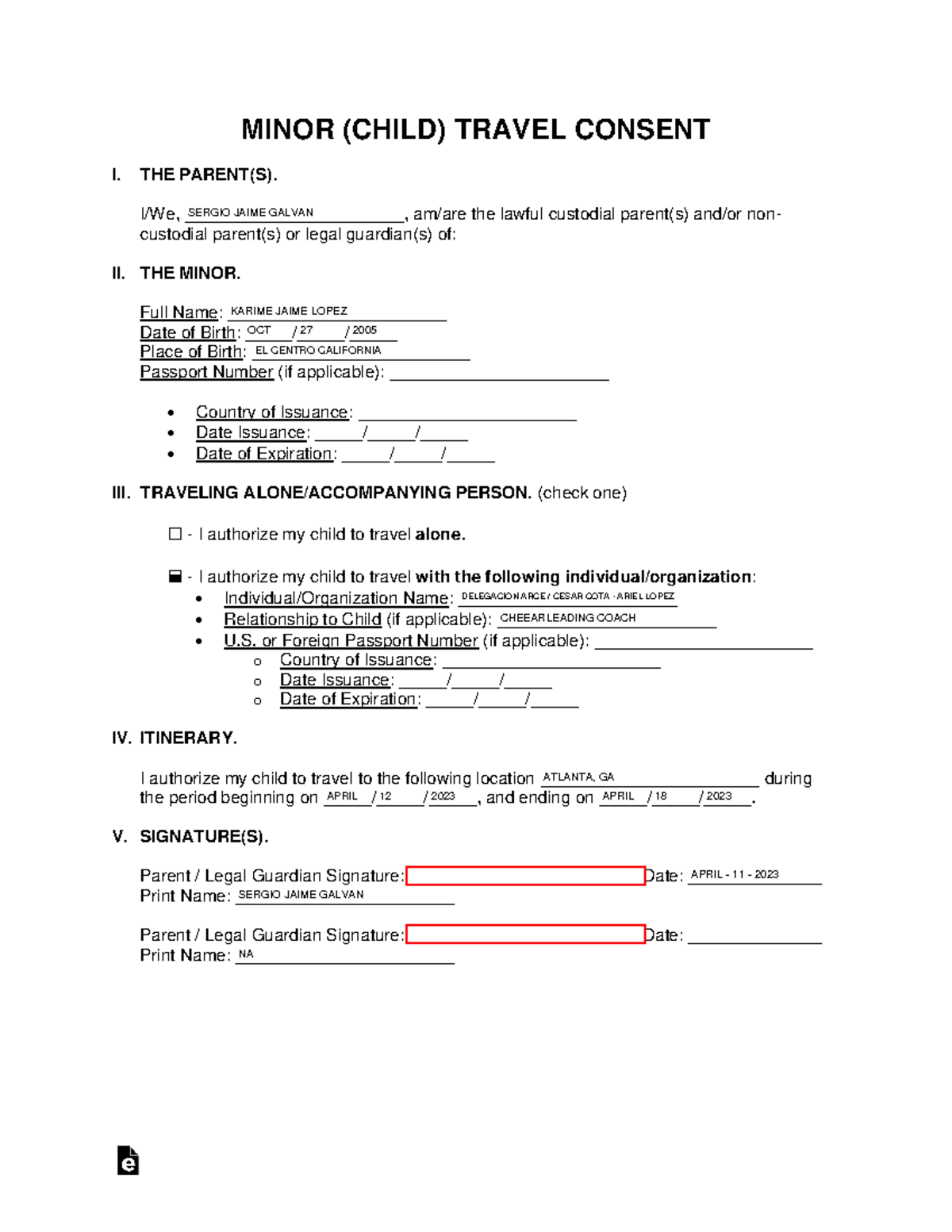 Minor Child Travel Consent Form - MINOR (CHILD) TRAVEL CONSENT I. THE ...