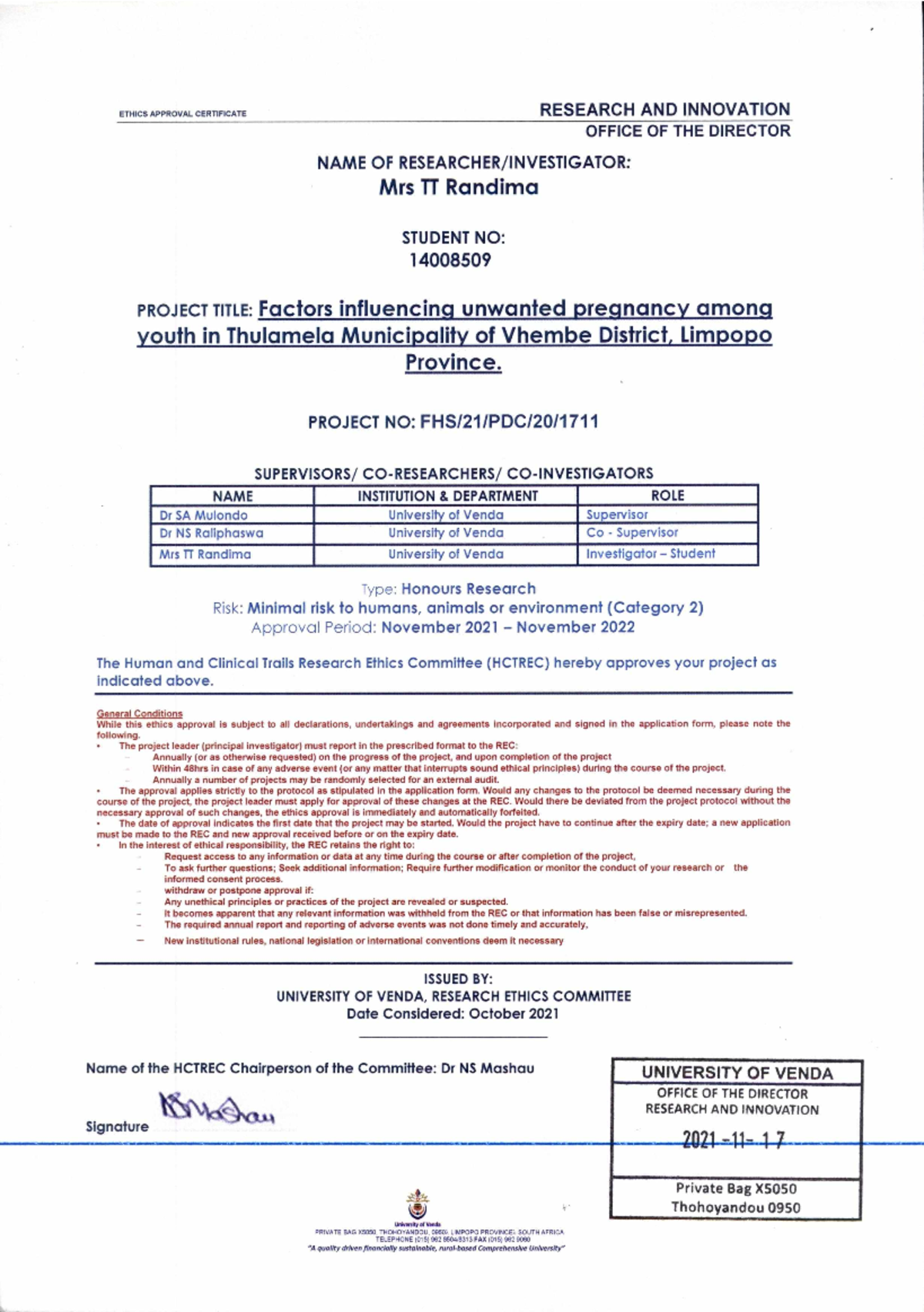 WEM 782 ASSIGNMENT 3 - ETHICS APPROVAL CERTIFICATE RESEARCH AND ...