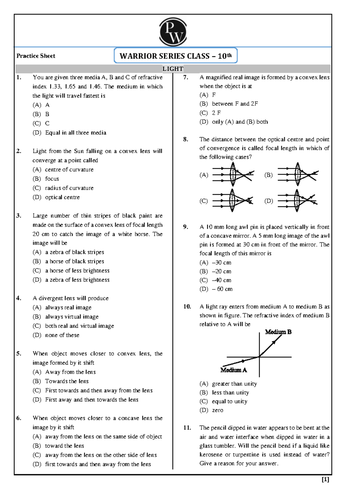 Light - Reflection & Refraction Practice Sheet - Practice Sheet LIGHT ...